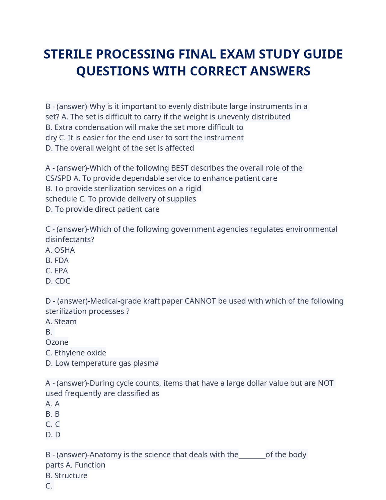 STERILE PROCESSING FINAL EXAM STUDY GUIDE QUESTIONS WITH CORRECT ...