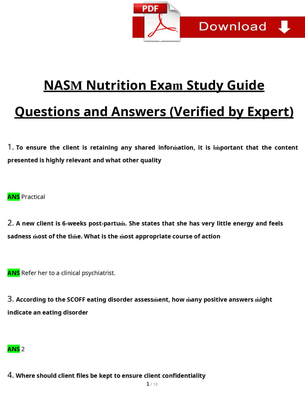 NASM Nutrition Exam Study Guide tested questions (latest 2025 / 2026 ...