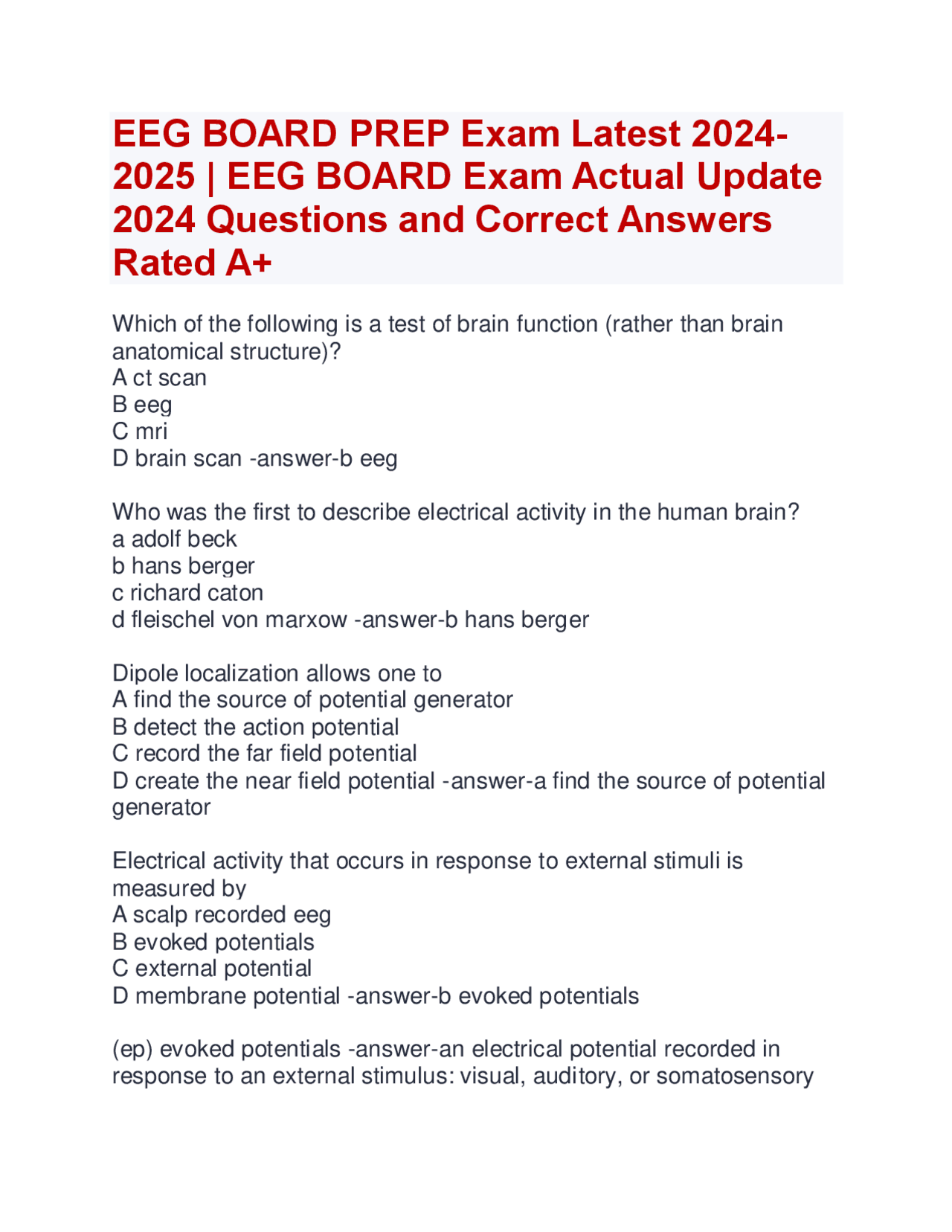 EEG BOARD PREP Exam Latest 2024 2025 | EEG BOARD Exam Actual Update ...
