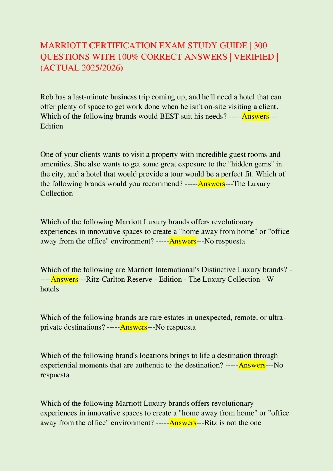 MARRIOTT CERTIFICATION EXAM STUDY GUIDE | 300 QUESTIONS WITH 100% ...