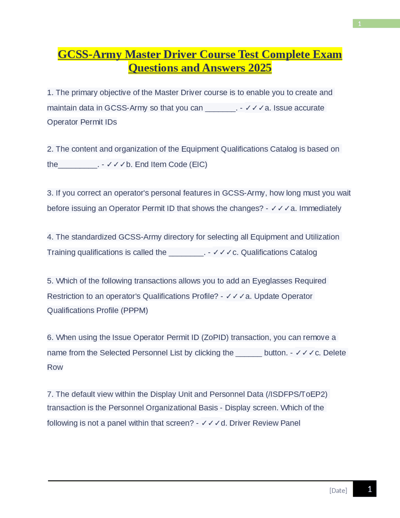 GCSS-Army Master Driver Course Exam Questions and Answers | Exams Nursing | Docsity