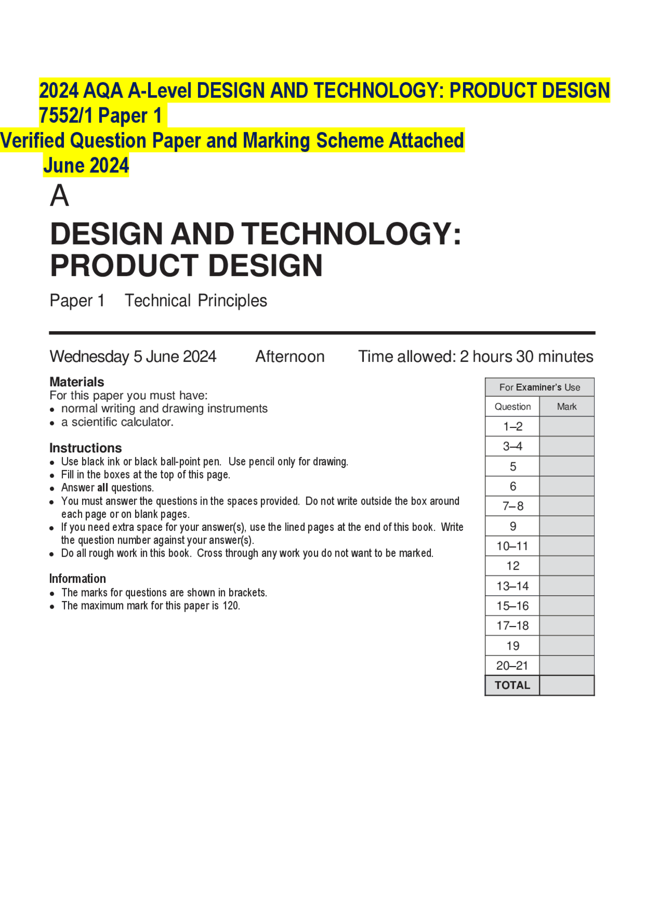 2024 AQA A-Level DESIGN AND TECHNOLOGY: PRODUCT DESIGN 7552/1 Paper 1 ...