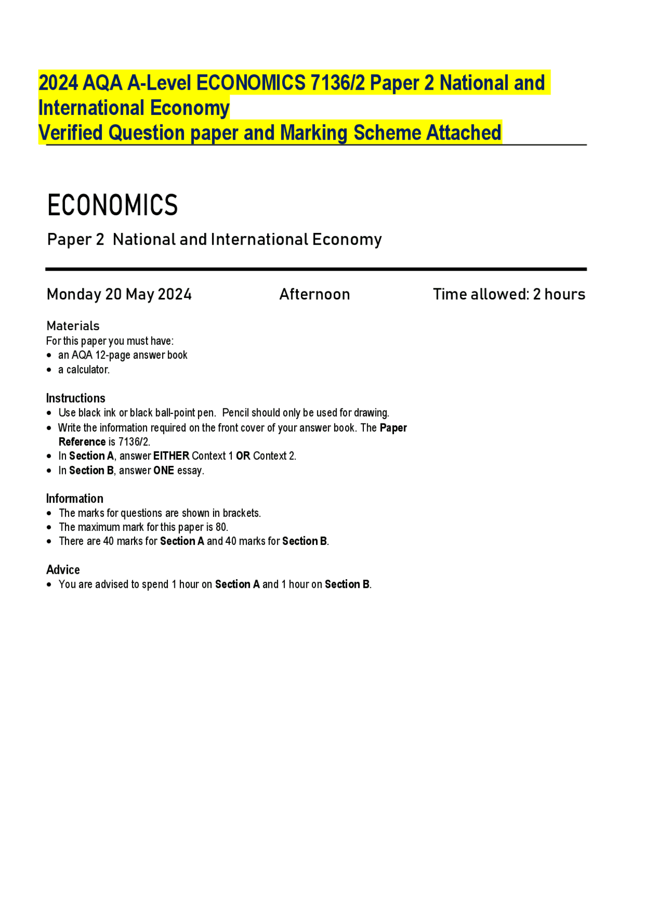 2024 AQA A-Level ECONOMICS 7136/2 Paper 2 National and International ...