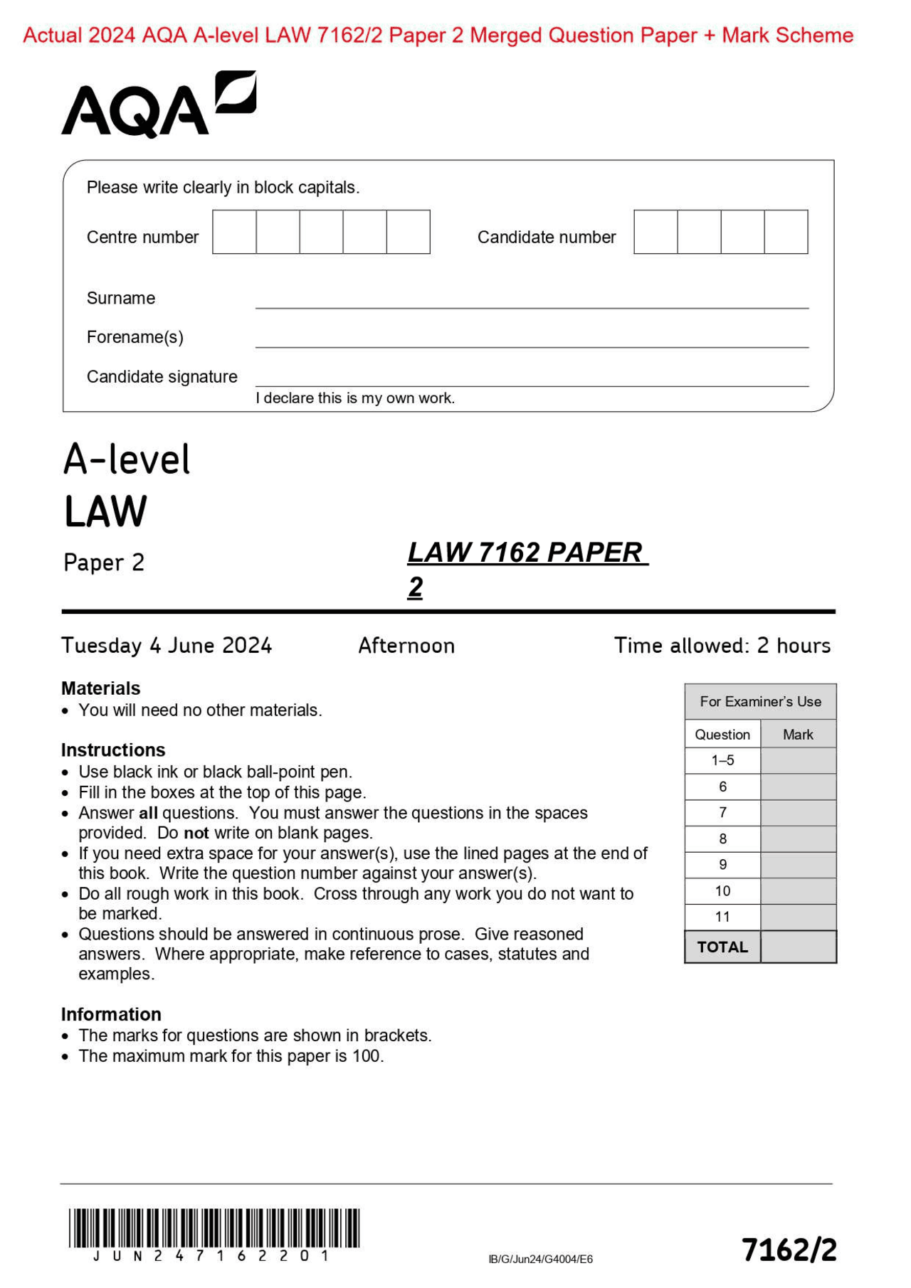 Actual 2024 AQA A-level LAW 7162/2 Paper 2 Merged Question Paper + Mark ...