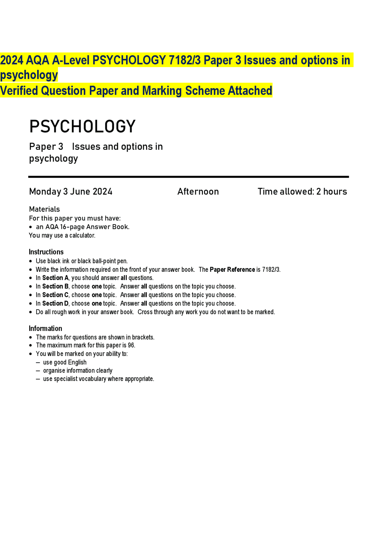 2024 AQA A-Level PSYCHOLOGY 7182/3 Paper 3 Issues and options in ...