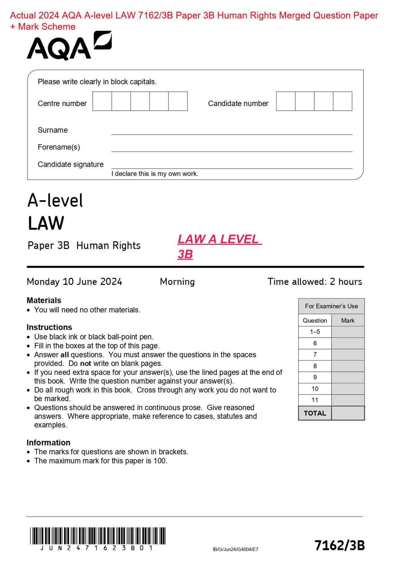 Actual 2024 AQA A-level LAW 7162/3B Paper 3B Human Rights Merged ...