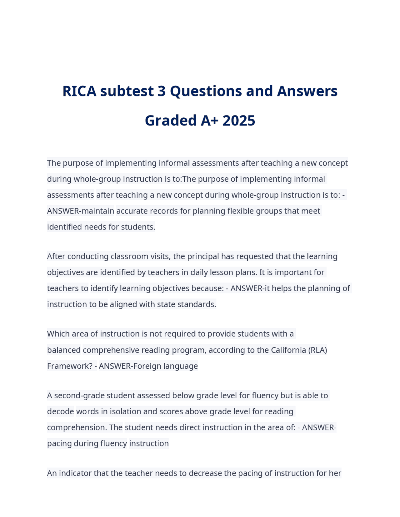 RICA subtest 3 Questions and Answers Graded A+ 2025 | Exams Advanced ...