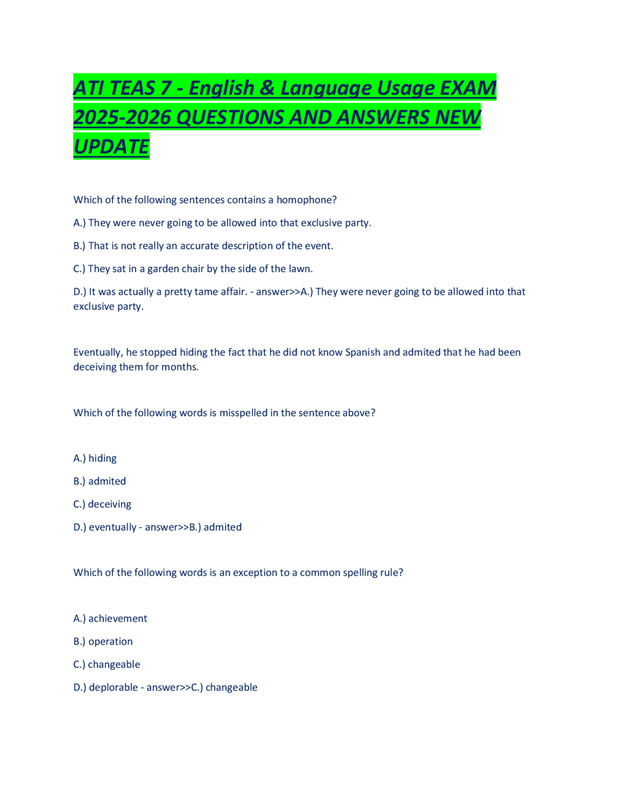 ATI TEAS 7 - English & Language Usage EXAM 2025-2026 QUESTIONS AND ...