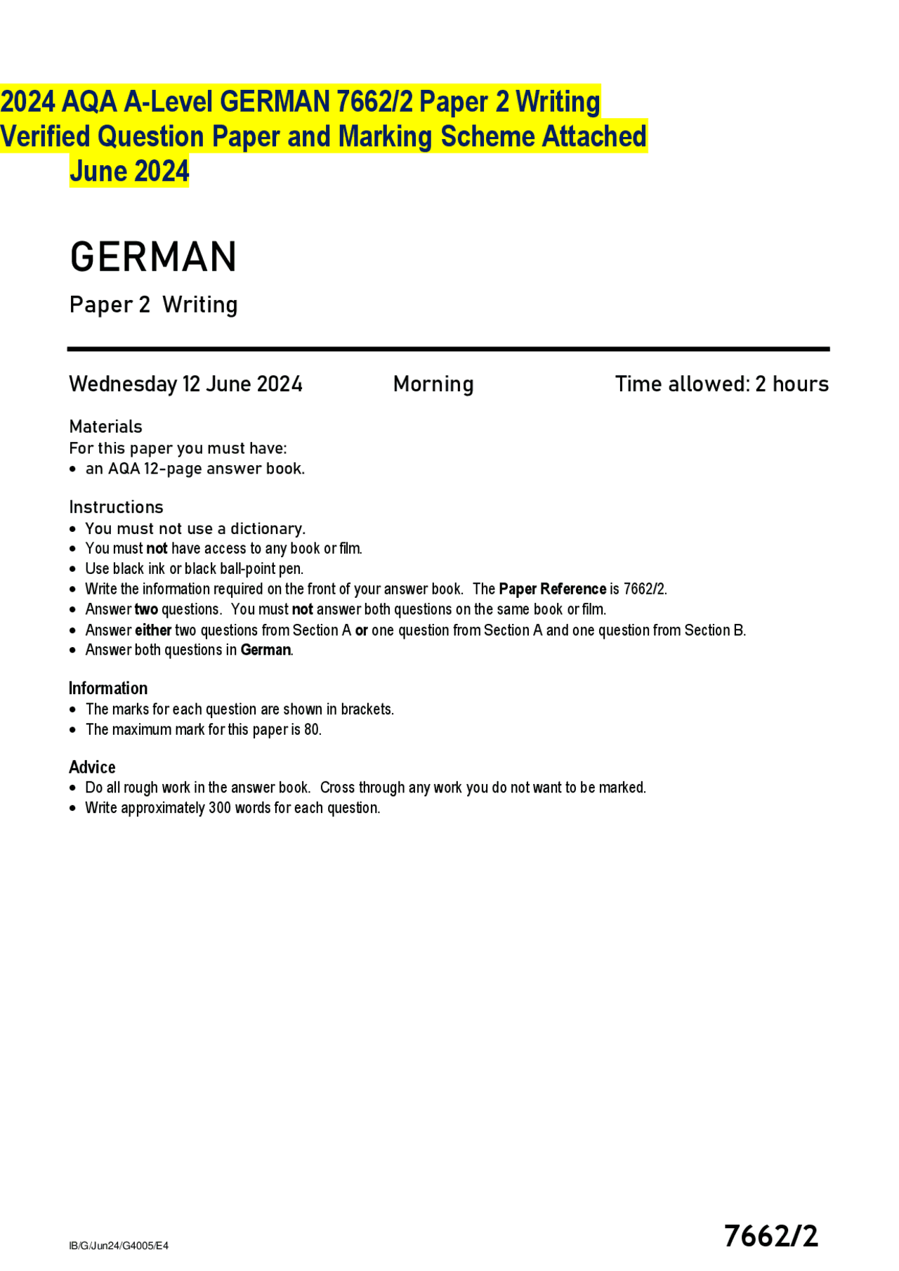 2024 AQA A-Level GERMAN 7662/2 Paper 2 Writing Verified Question Paper ...