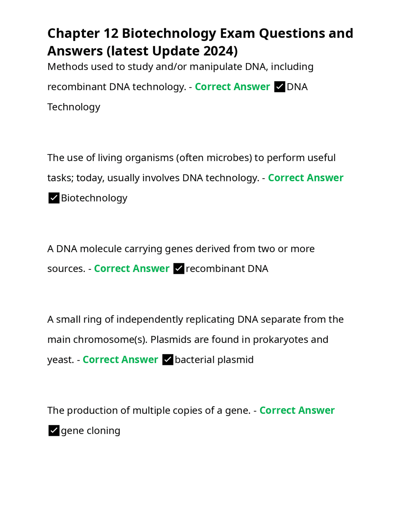 Chapter 12 Biotechnology Exam Questions and Answers (latest Update 2024 ...