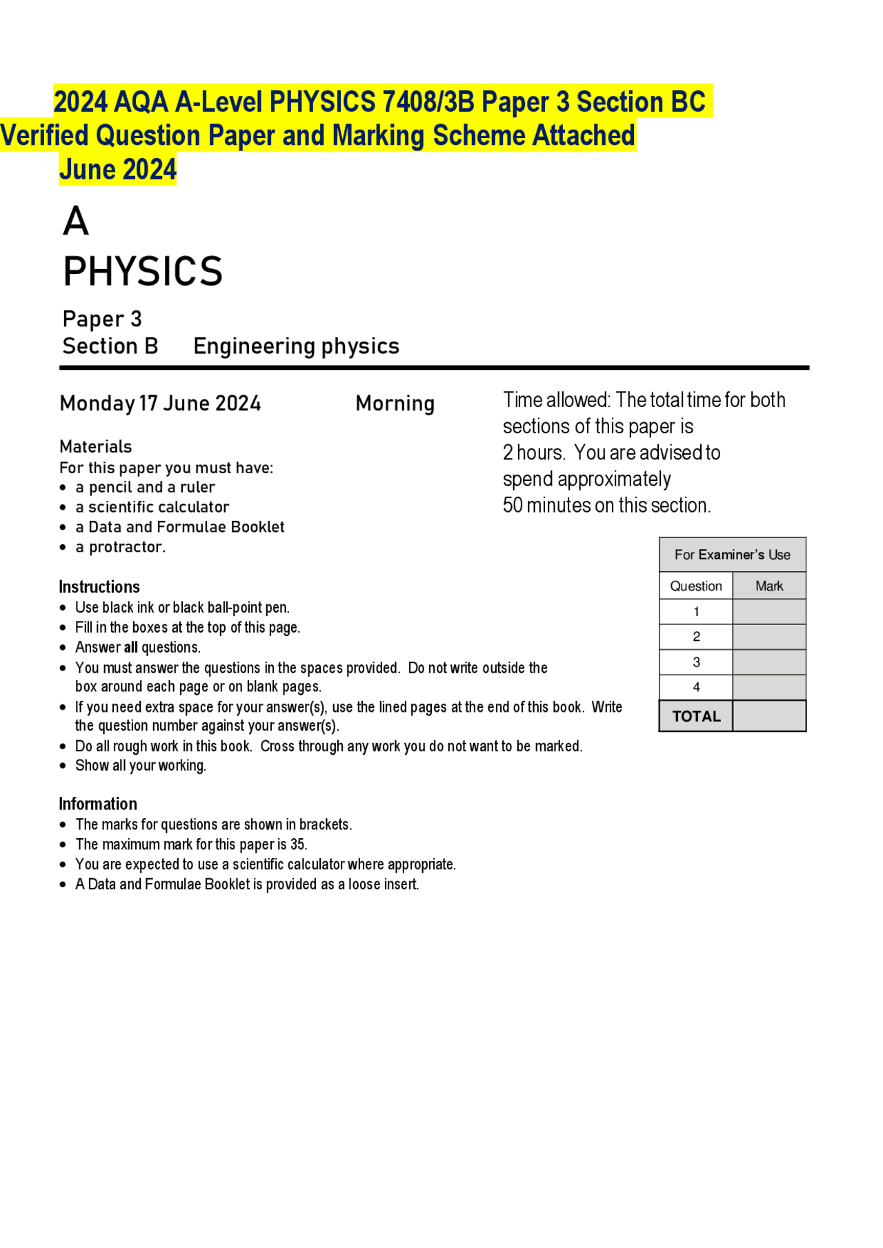 2024 AQA A-Level PHYSICS 7408/3B Paper 3 Section BC Verified Question ...
