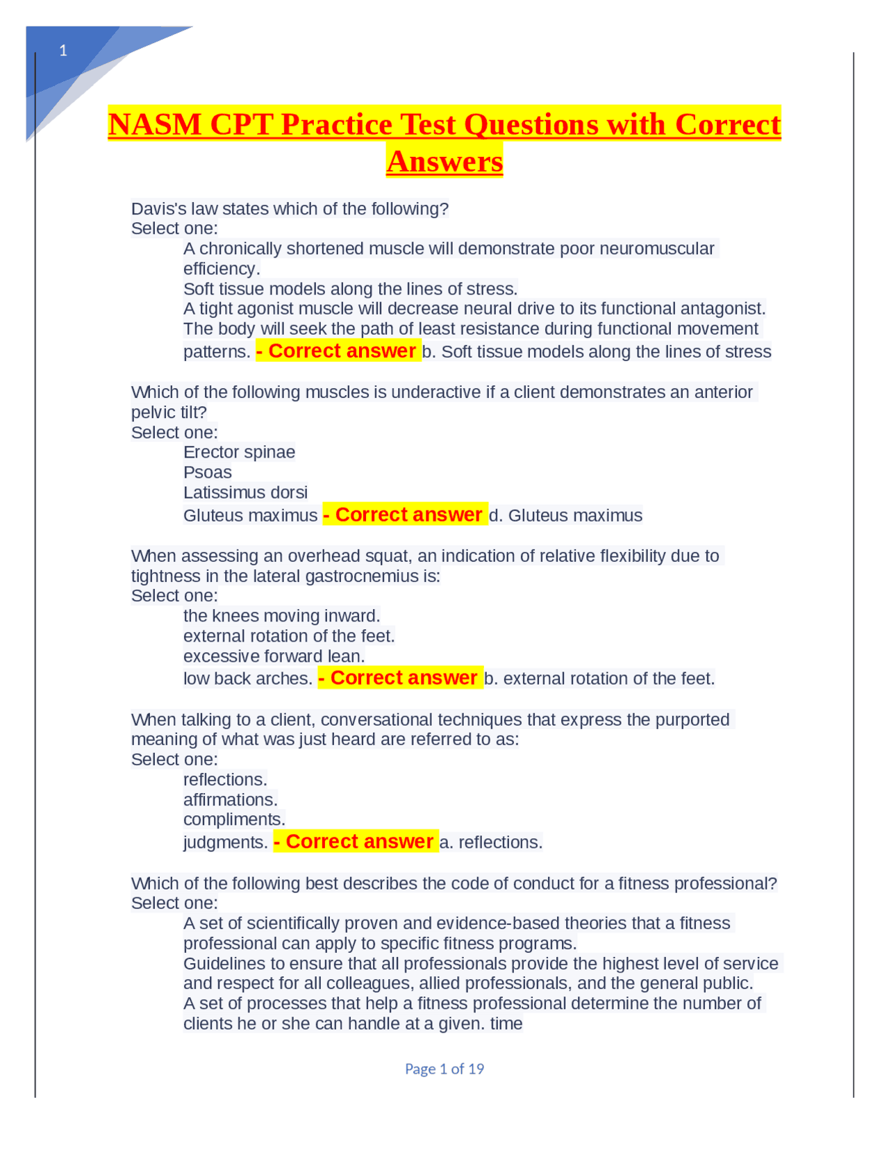 NASM CPT Practice Test Questions with Correct Answers | Exams Nursing ...