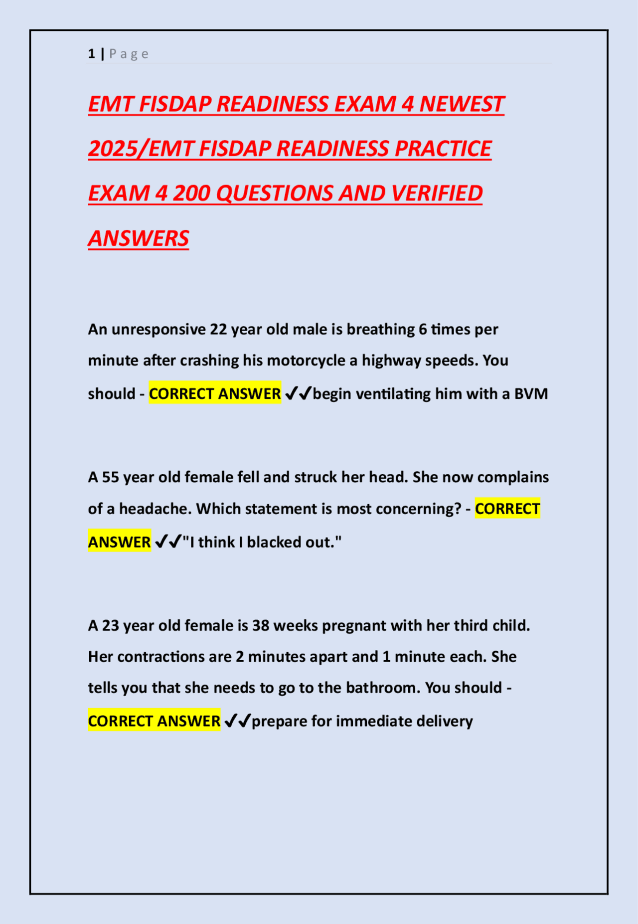 Emt Fisdap Readiness Exam 4 Newest 2025 Emt Fisdap Readiness Practice