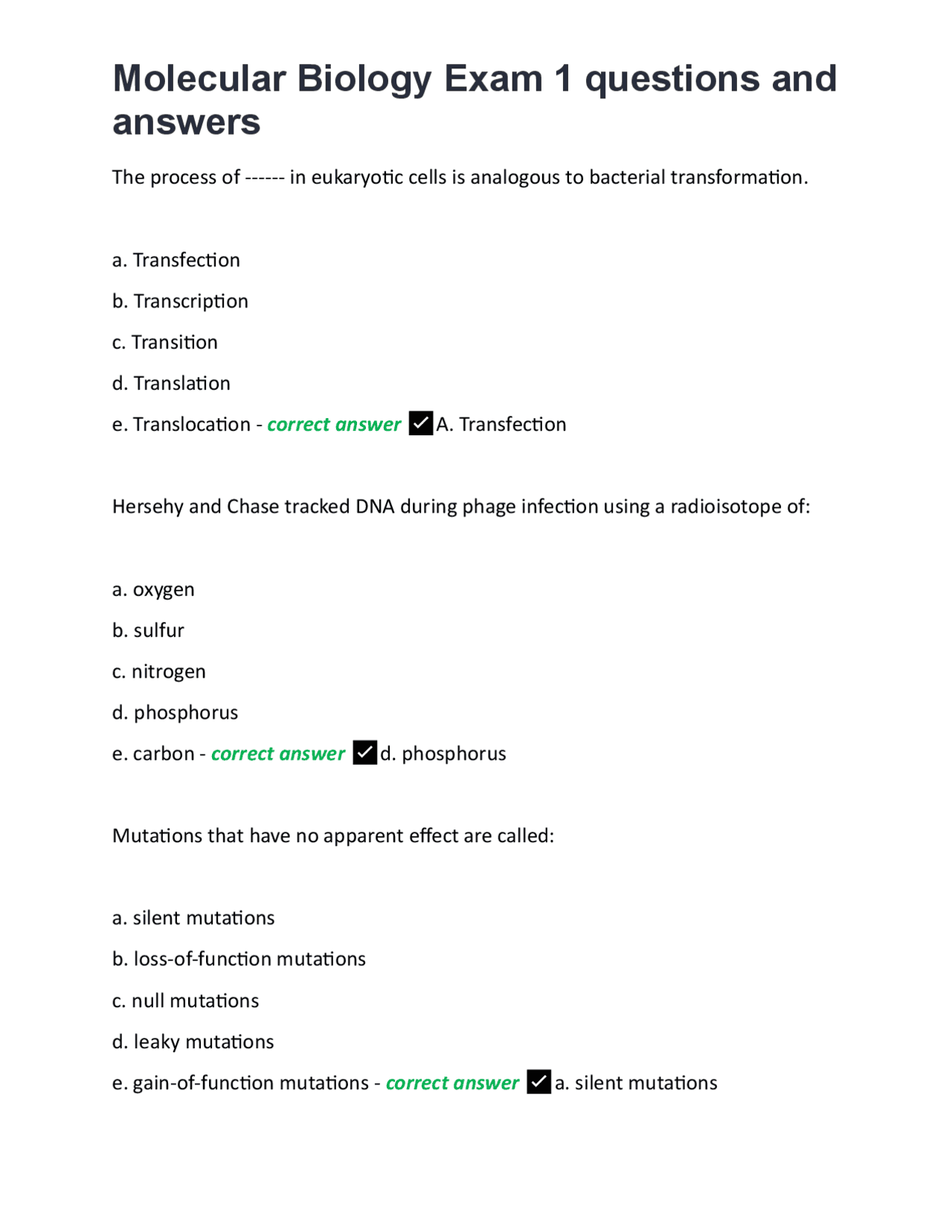 Molecular Biology Exam 1 questions and answers | Exams Molecular ...