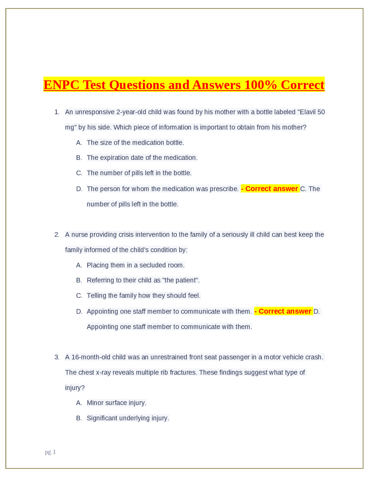 ENPC Test Questions and Answers 100% Correct | Exams Nursing | Docsity
