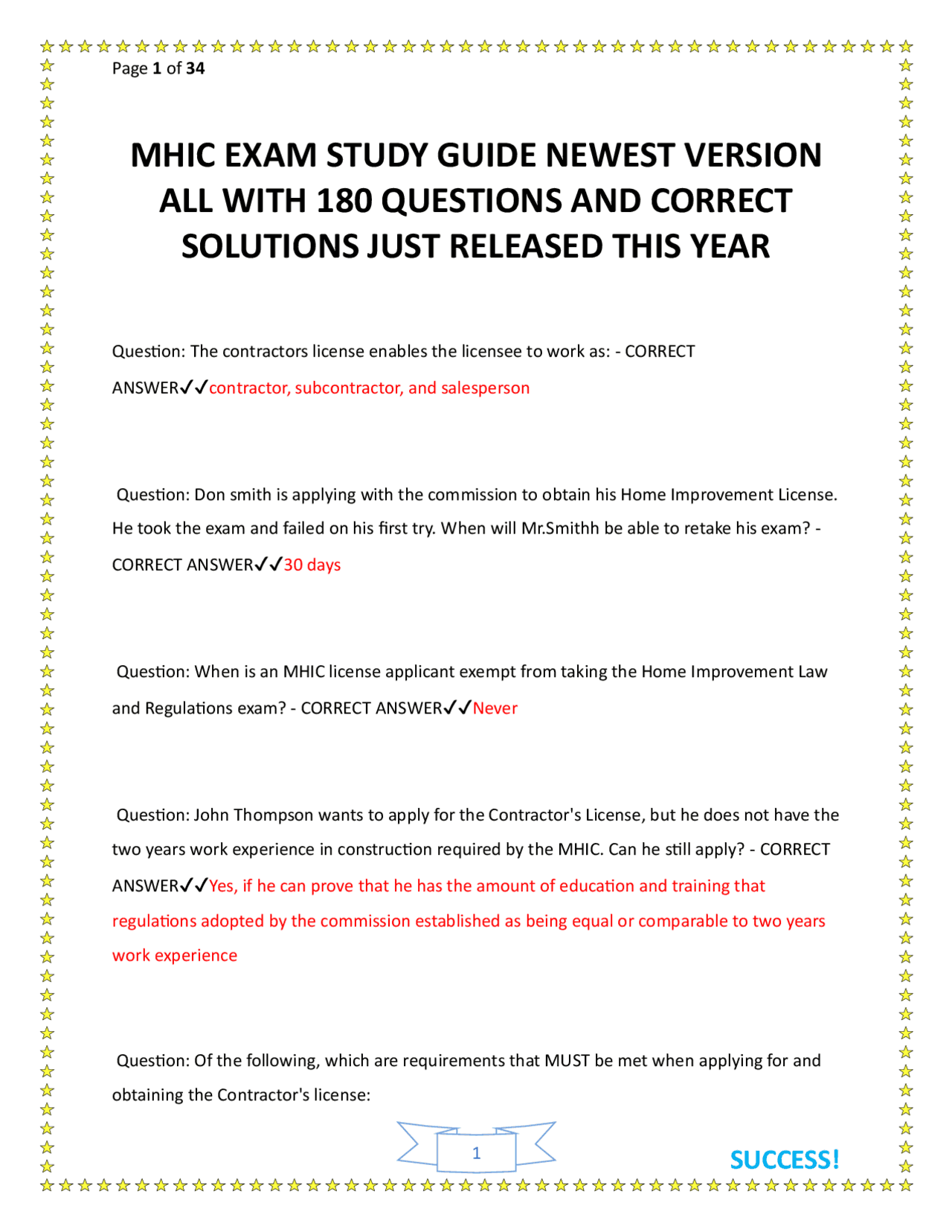 MHIC EXAM STUDY GUIDE NEWEST VERSION ALL WITH 180 QUESTIONS AND CORRECT ...