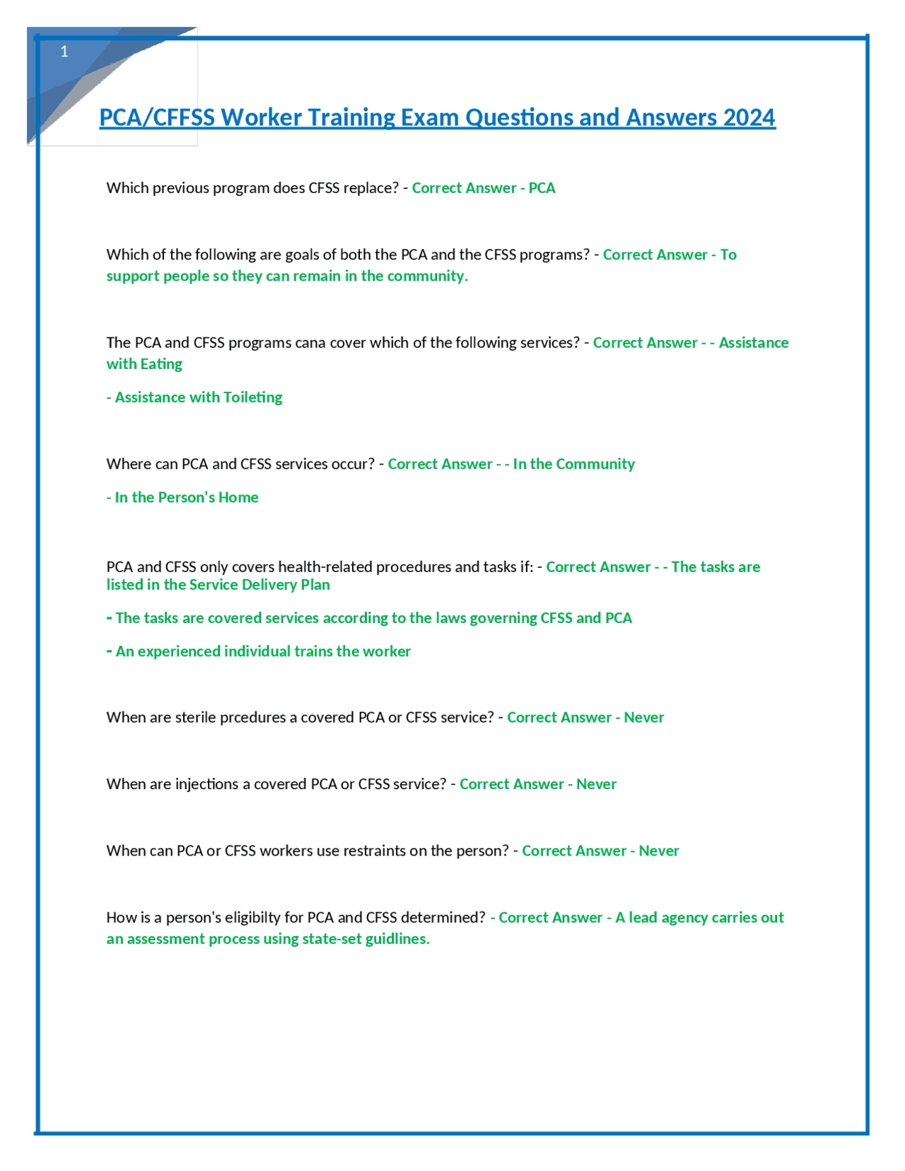 PCA/CFSS Worker Training Exam Questions and Answers | Exams Nursing ...