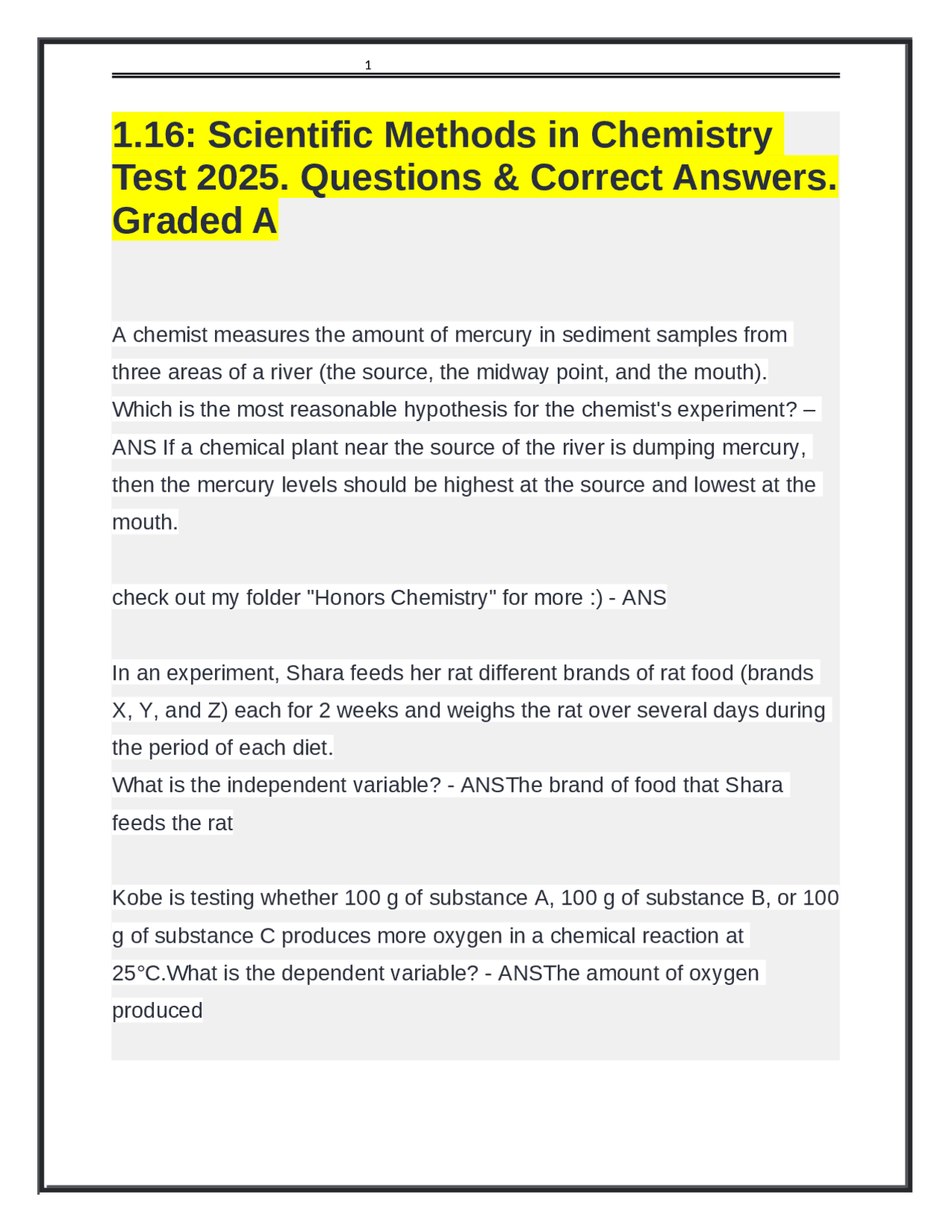 1.16: Scientific Methods in Chemistry Test 2025. Questions & Correct ...