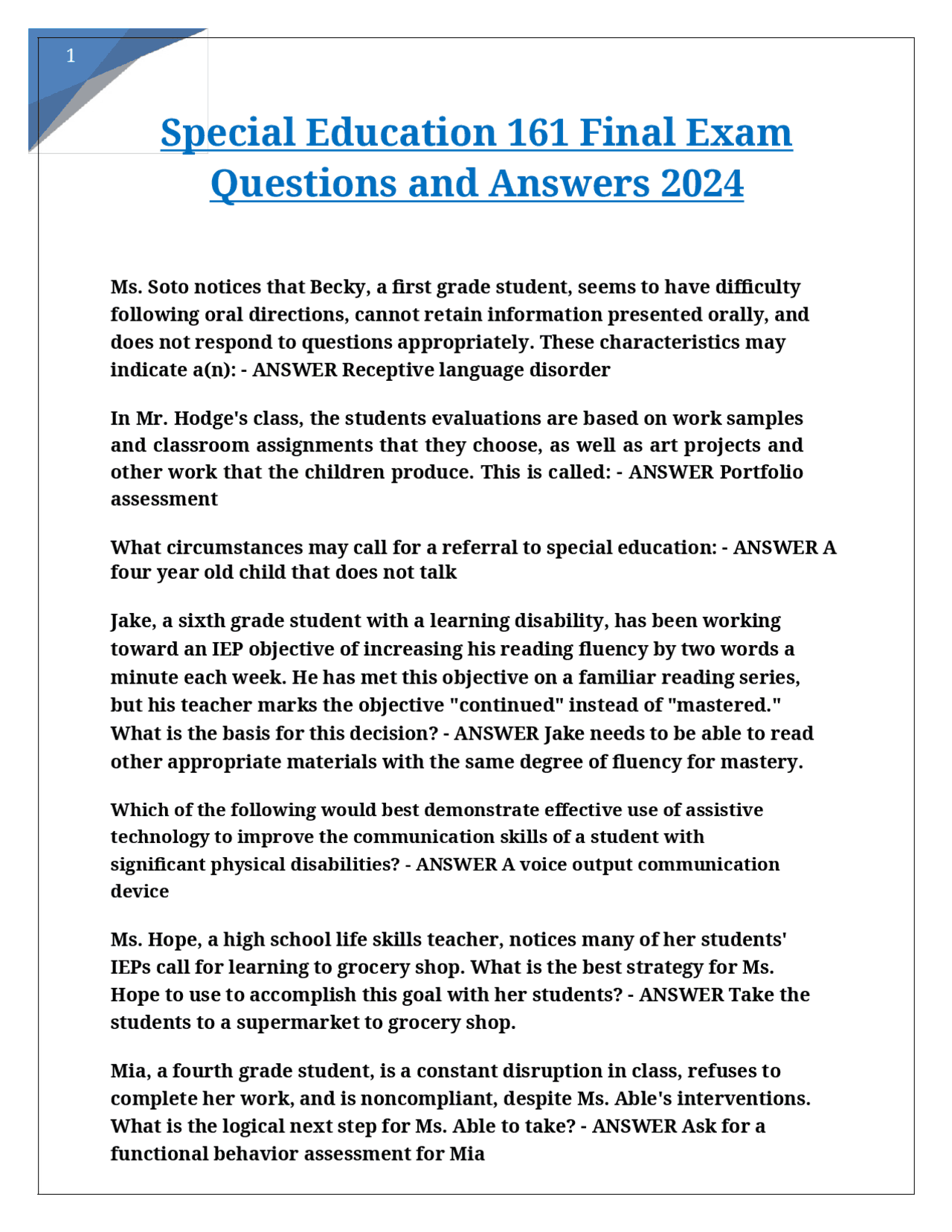 Special Education 161 Final Exam Questions and Answers 2024 | Exams ...