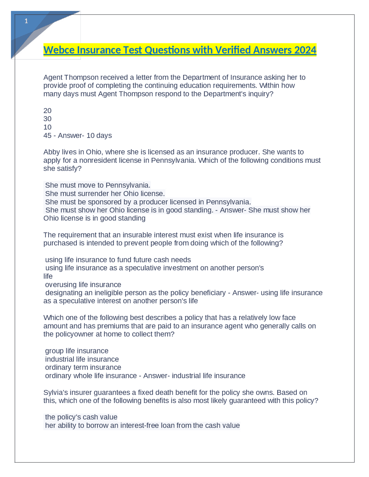 Webce Insurance Test Questions with Verified Answers 2024 | Exams ...