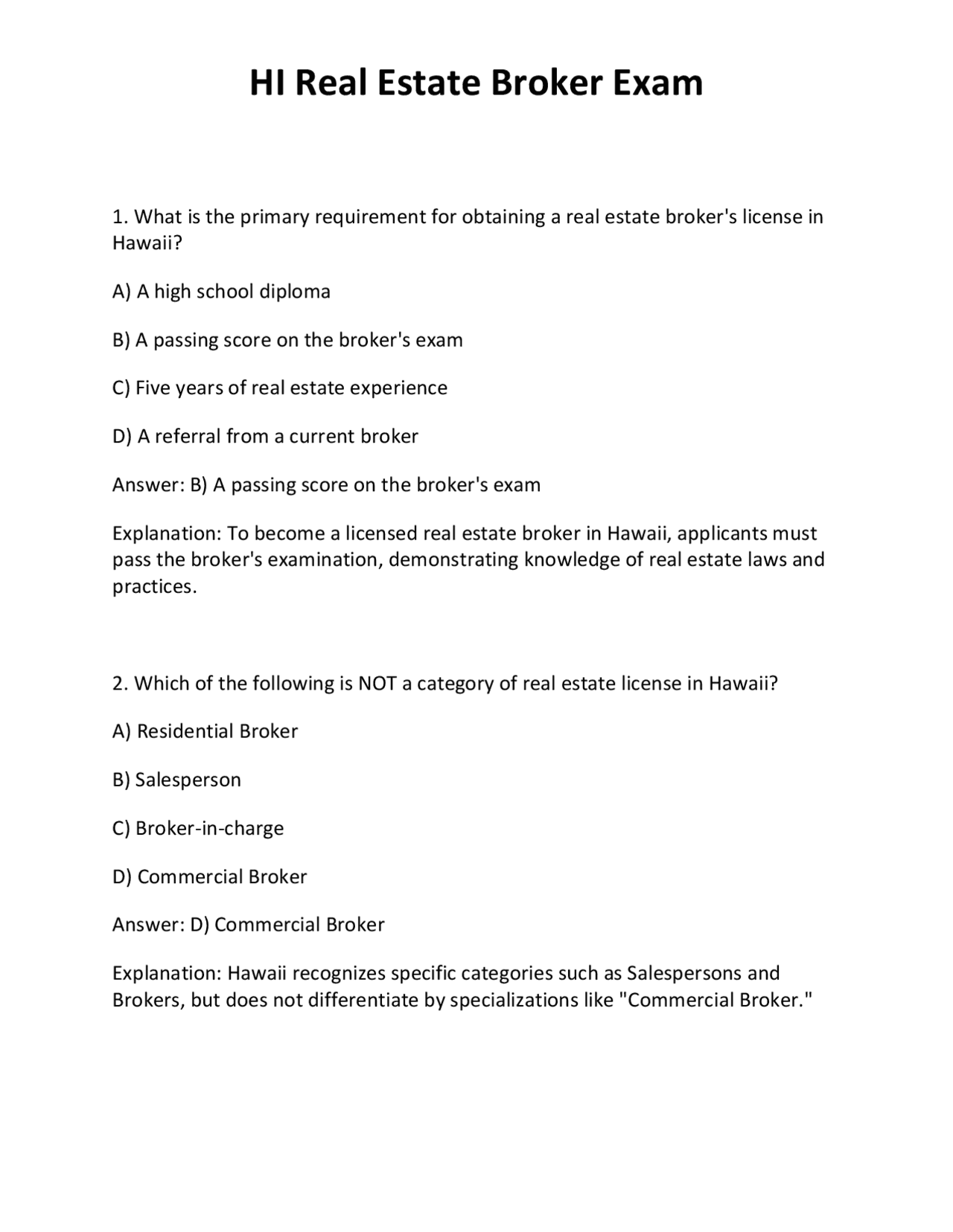 HI Real Estate Broker Exam | Exams Technology | Docsity