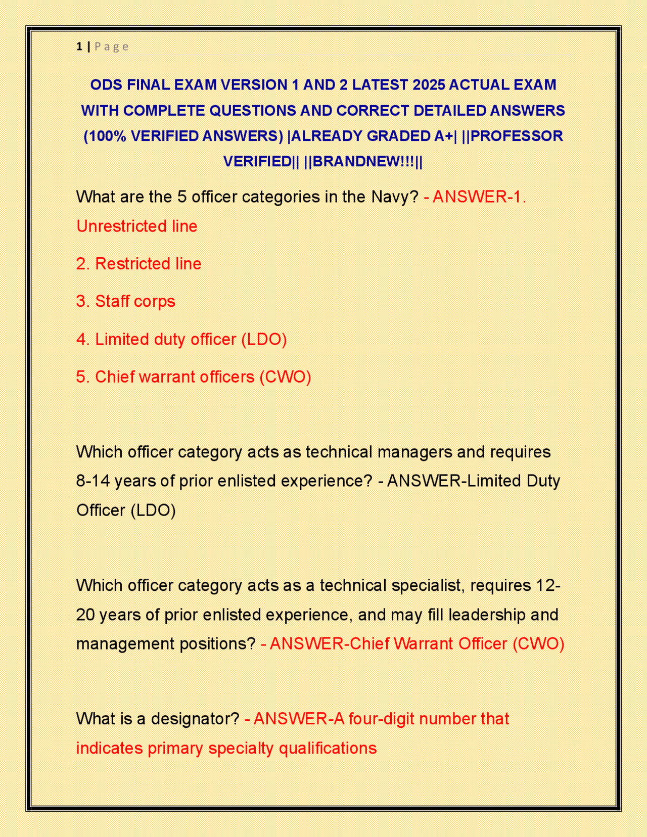 ODS FINAL EXAM VERSION 1 AND 2 LATEST 2025 ACTUAL EXAM WITH COMPLETE ...