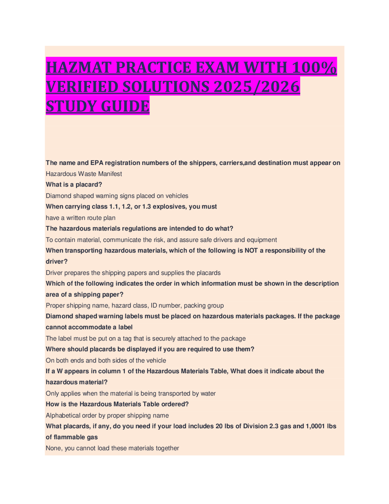 HAZMAT PRACTICE EXAM WITH 100% VERIFIED SOLUTIONS 2025/2026 STUDY GUIDE ...