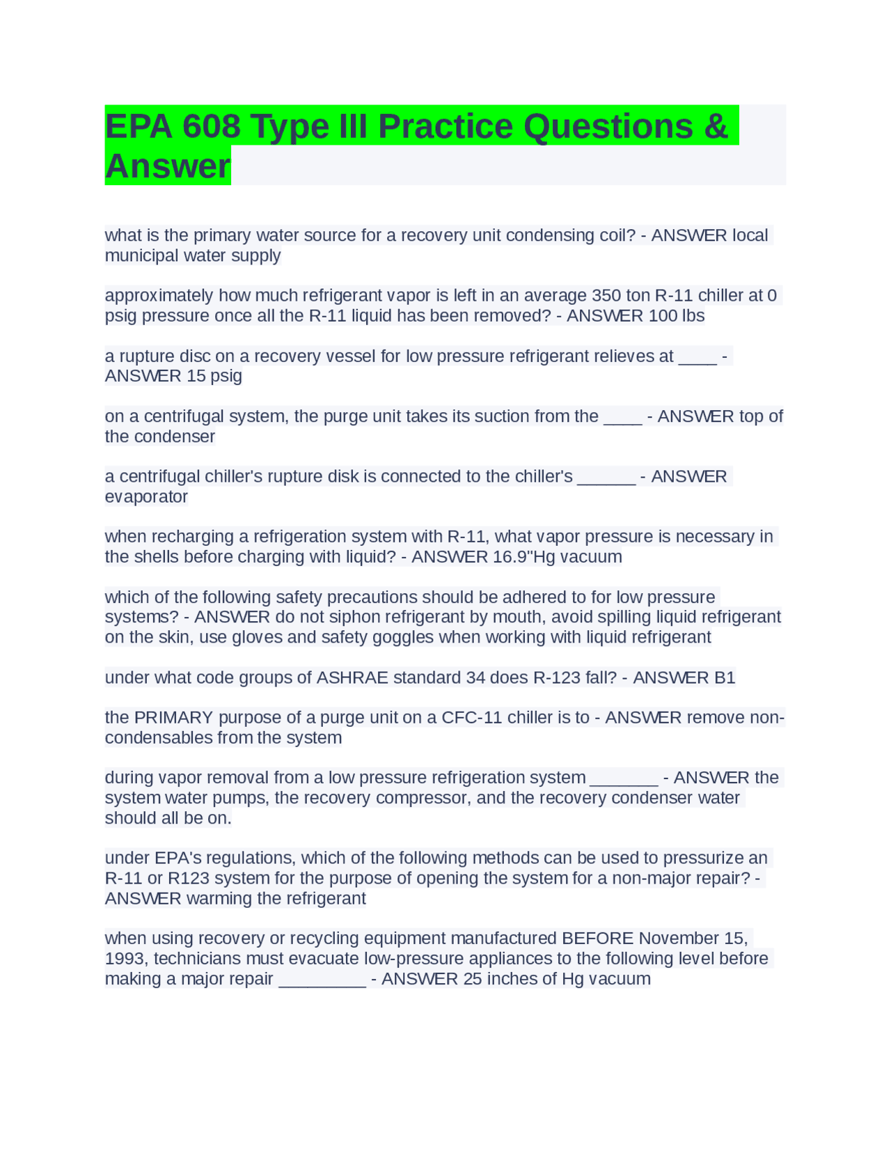 EPA 608 Type III Practice Questions & Answer | Exams Refrigeration and ...