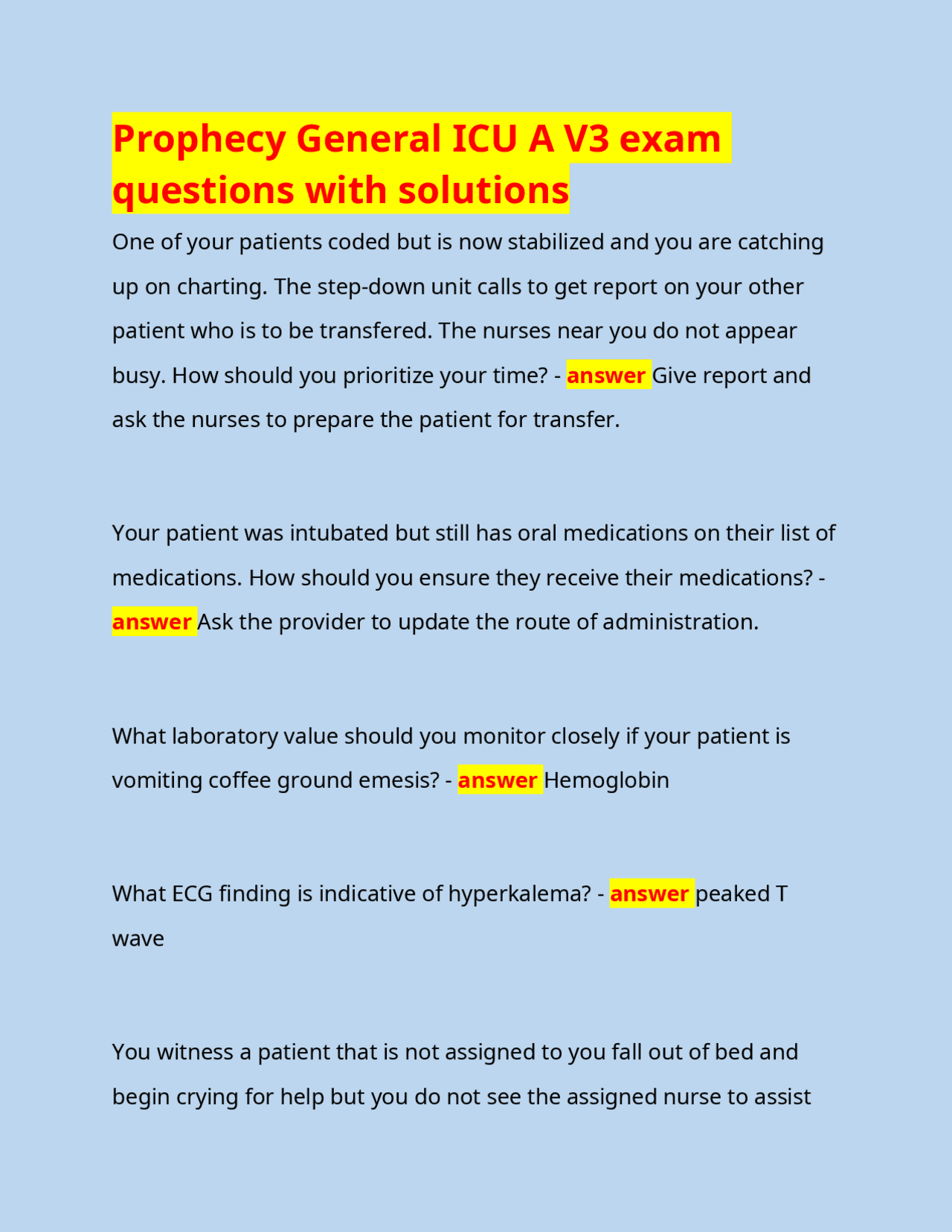 Prophecy General ICU A V3 exam questions with solutions | Exams Nursing ...