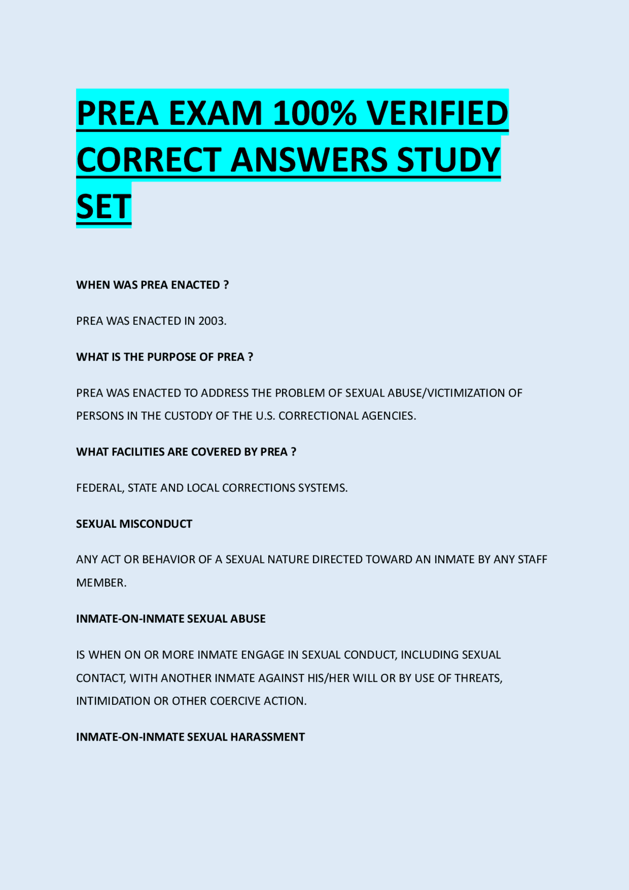 PREA EXAM 100% VERIFIED CORRECT ANSWERS STUDY SET | Exams Organization ...
