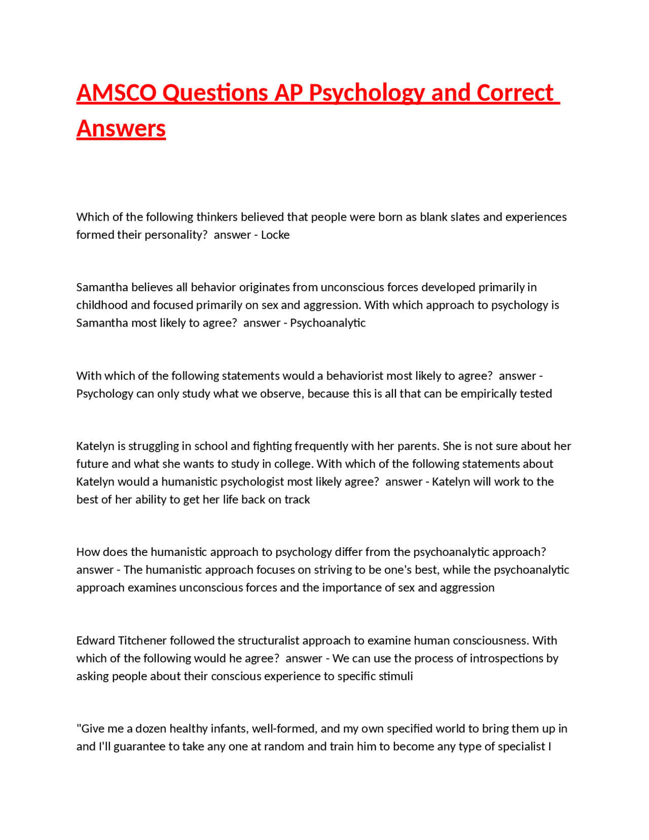 AMSCO Questions AP Psychology and Correct Answers | Exams Nursing | Docsity