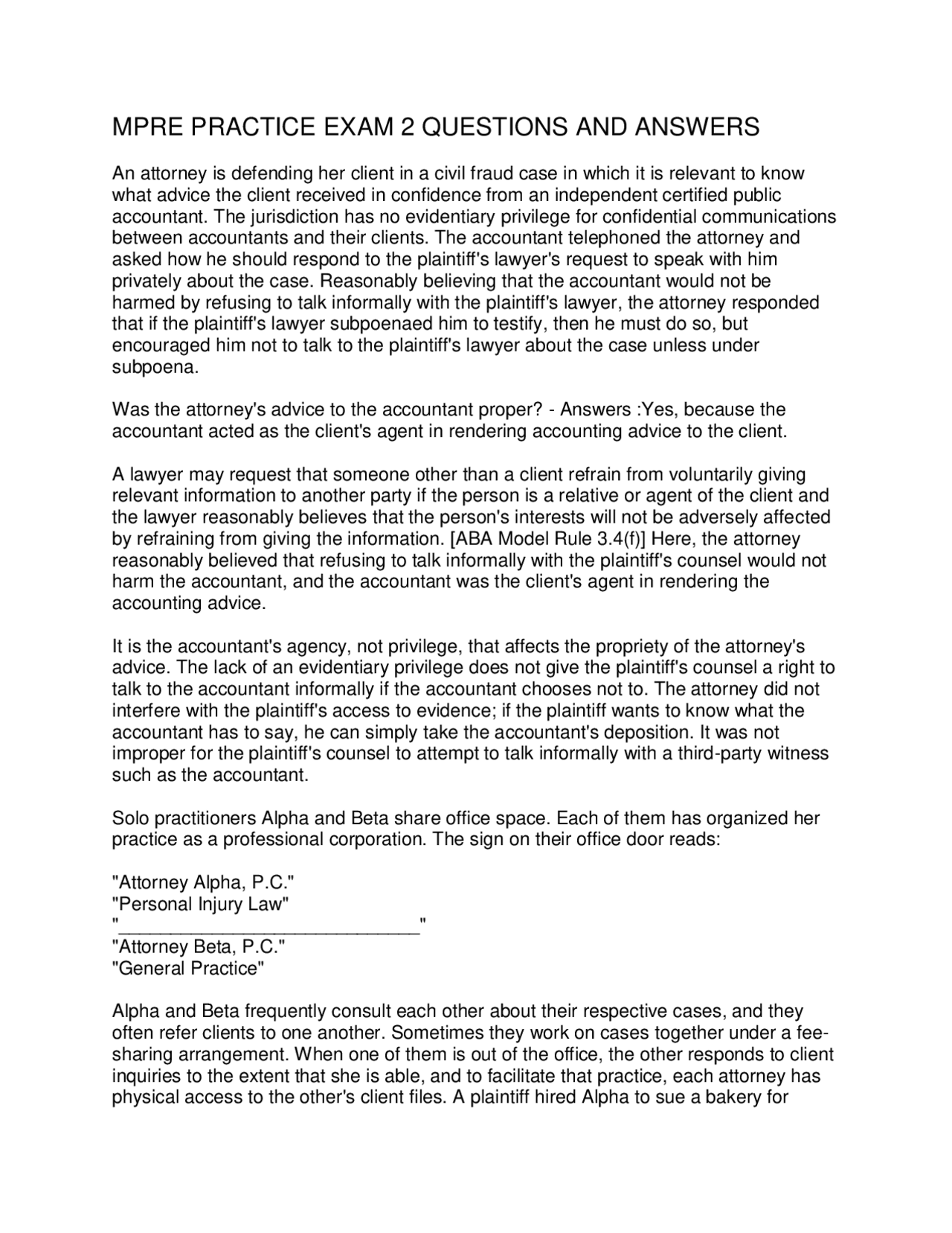 MPRE Practice Exam Questions and Answers: Professional Responsibility ...