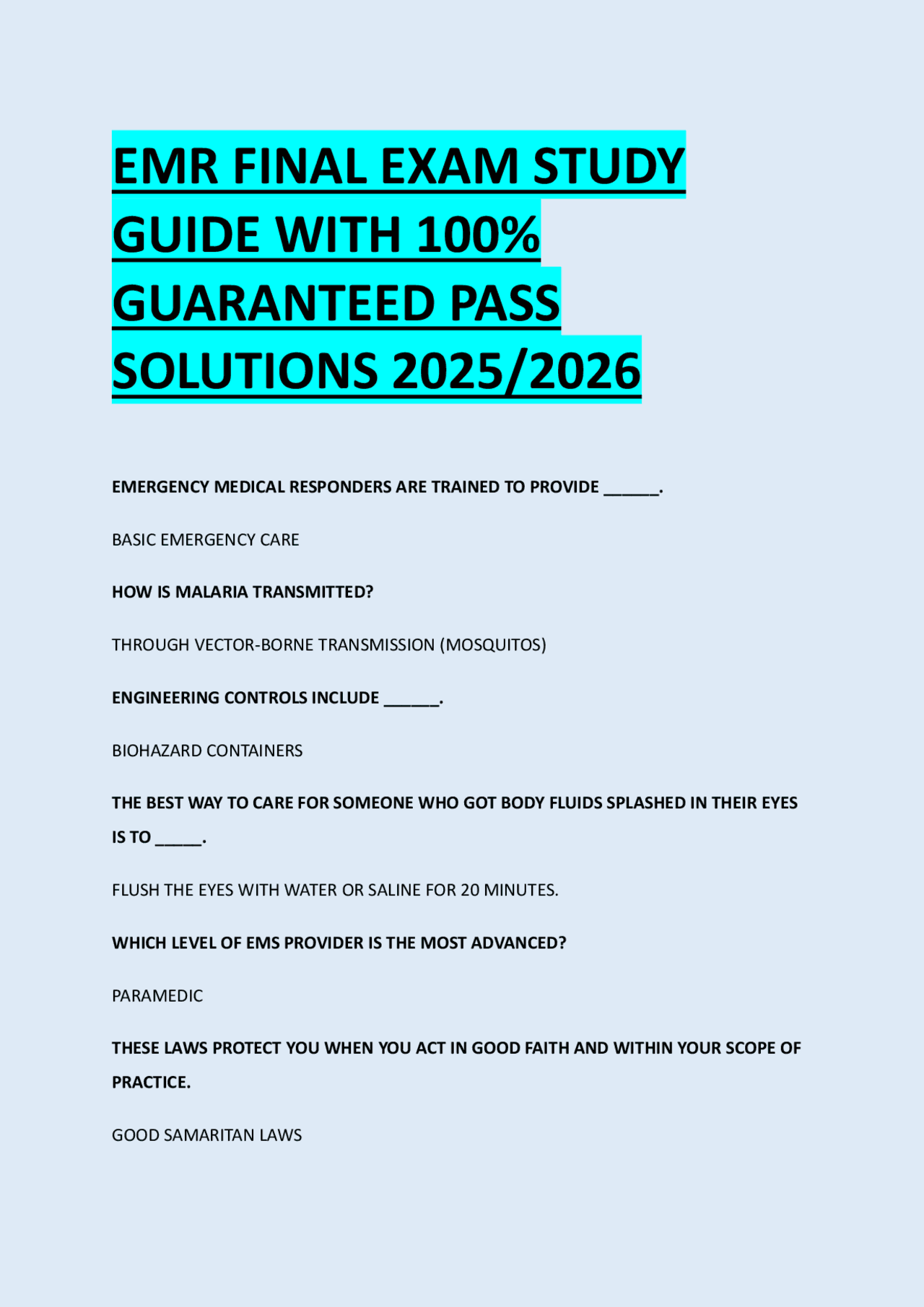 EMR FINAL EXAM STUDY GUIDE WITH 100% GUARANTEED PASS SOLUTIONS 2025/ ...