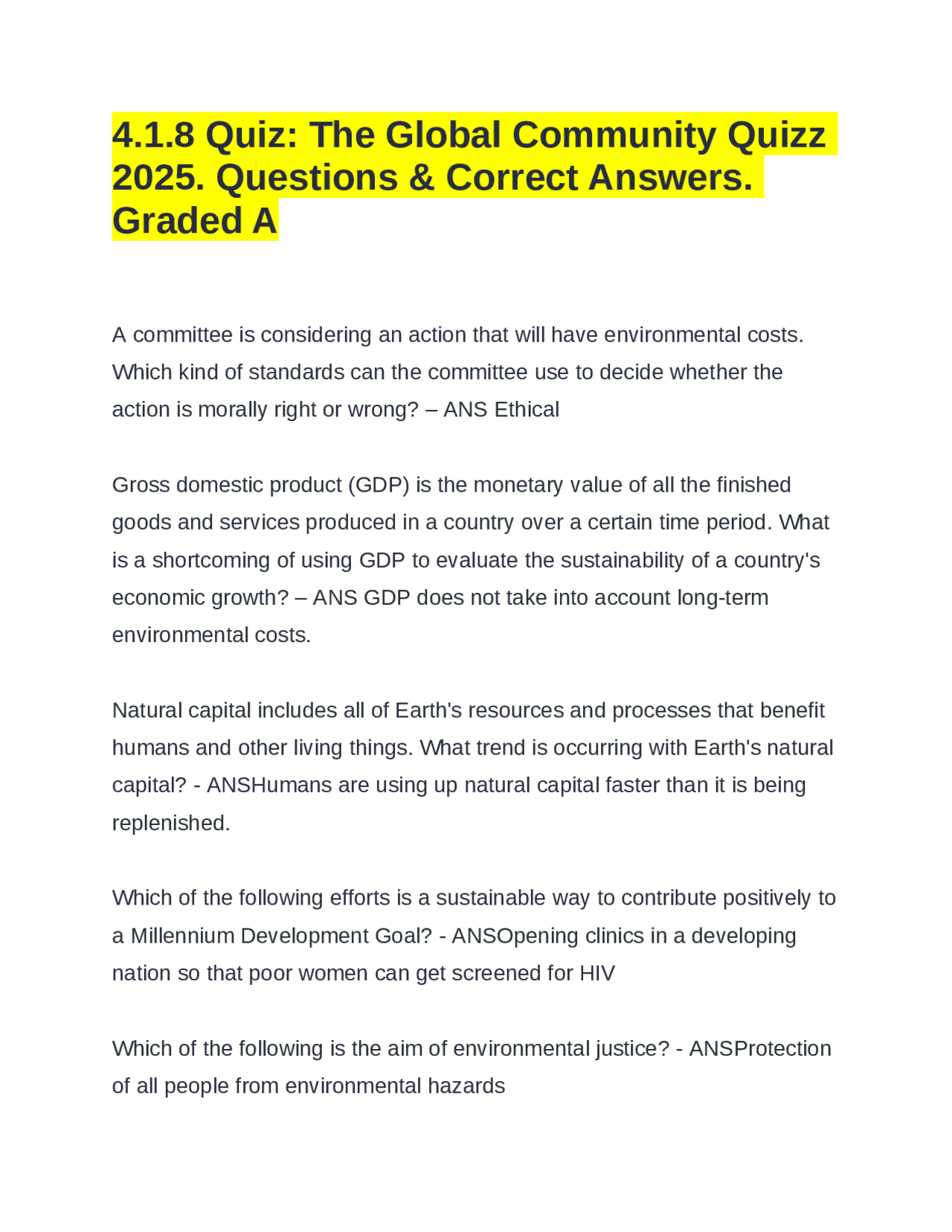 Quiz: The Global Community - Environmental Ethics and Sustainability ...