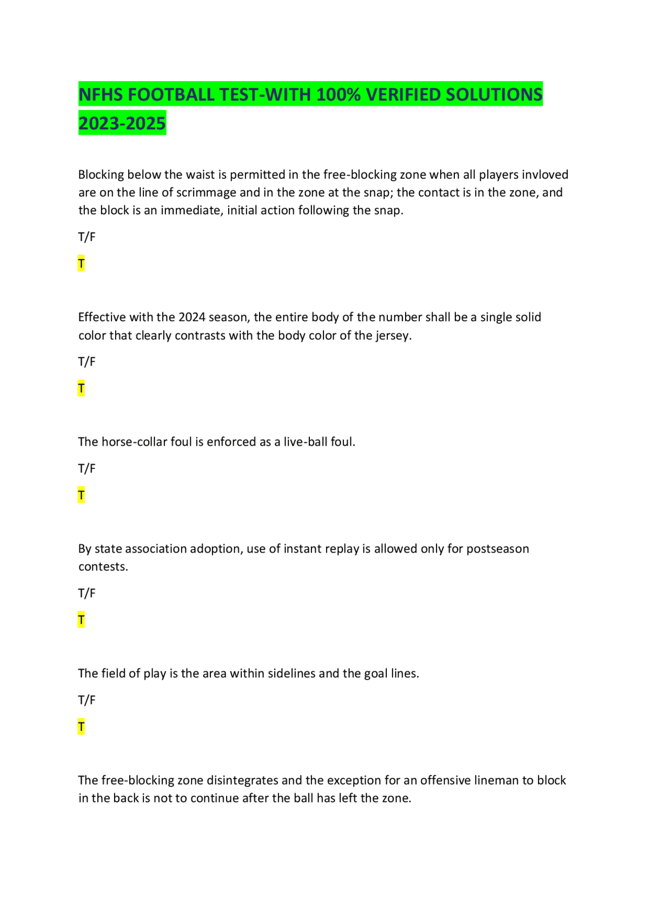 NFHS FOOTBALL TEST-WITH 100% VERIFIED SOLUTIONS 2023-2025 Blocking ...