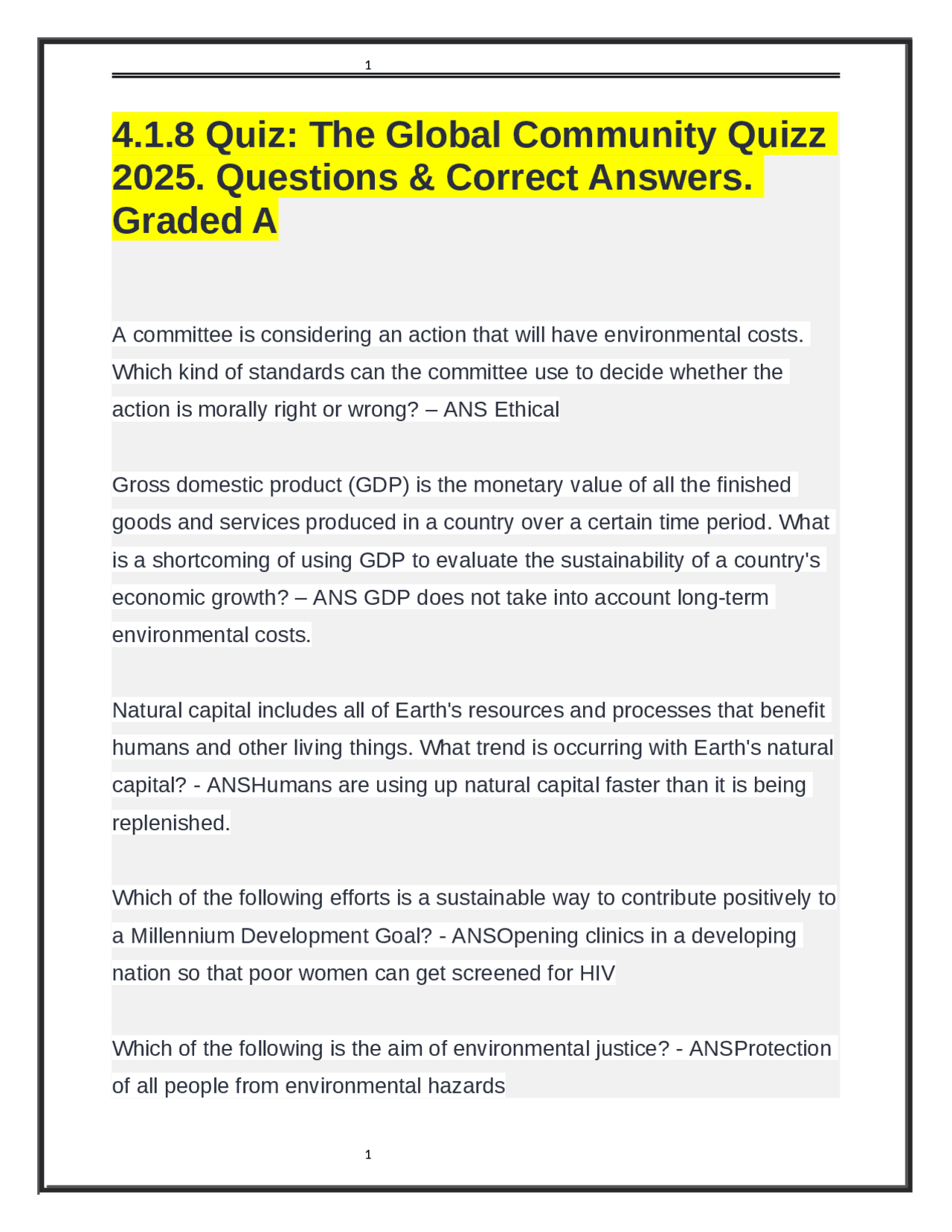 4.1.8 Quiz: The Global Community Quizz 2025. Questions & Correct ...