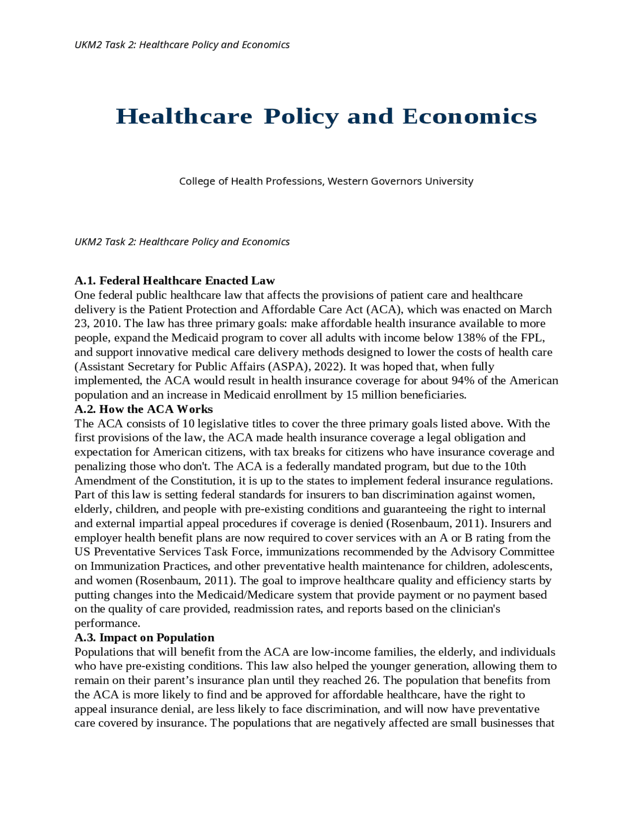 UKM2 Task 2: Healthcare Policy and Economics Healthcare P | Thesis ...