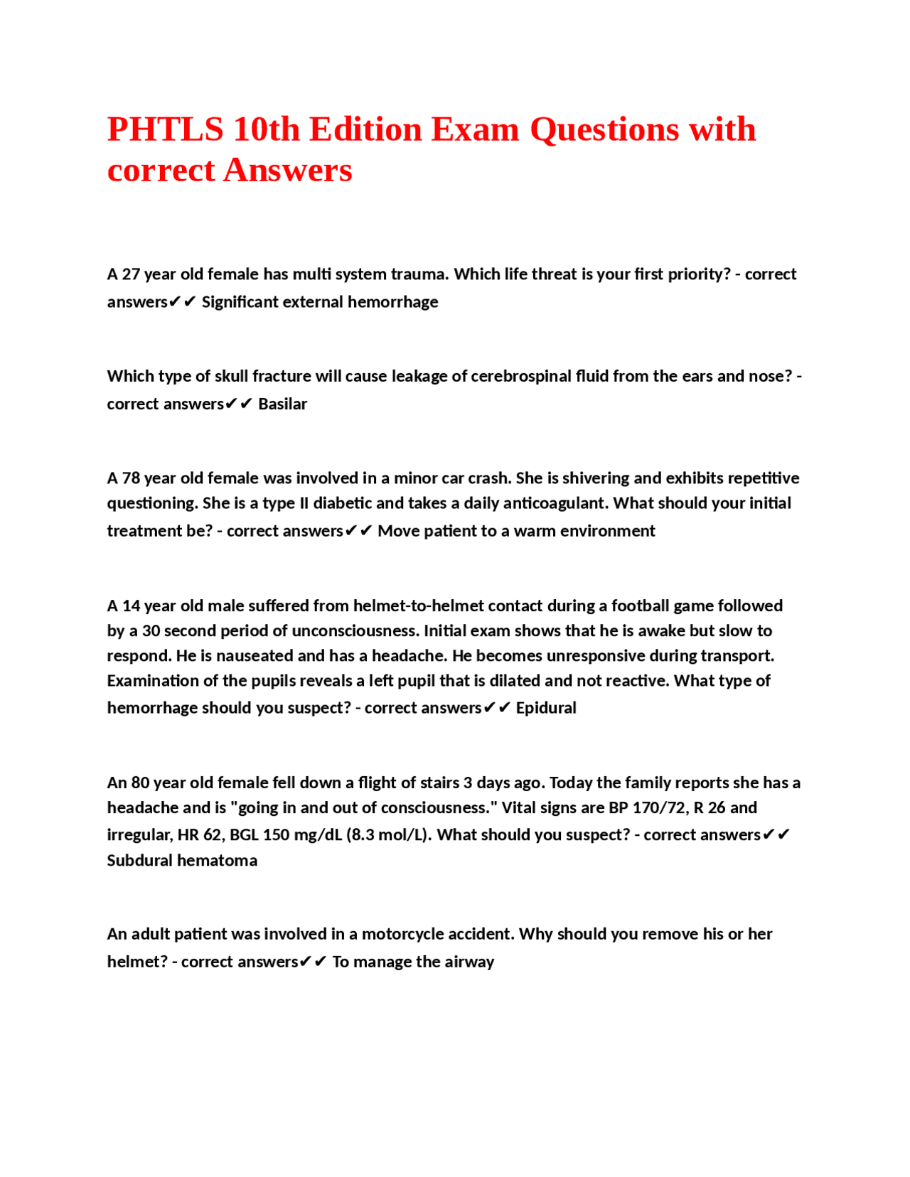 PHTLS 10th Edition Exam Questions with correct Answers. | Exams Nursing ...