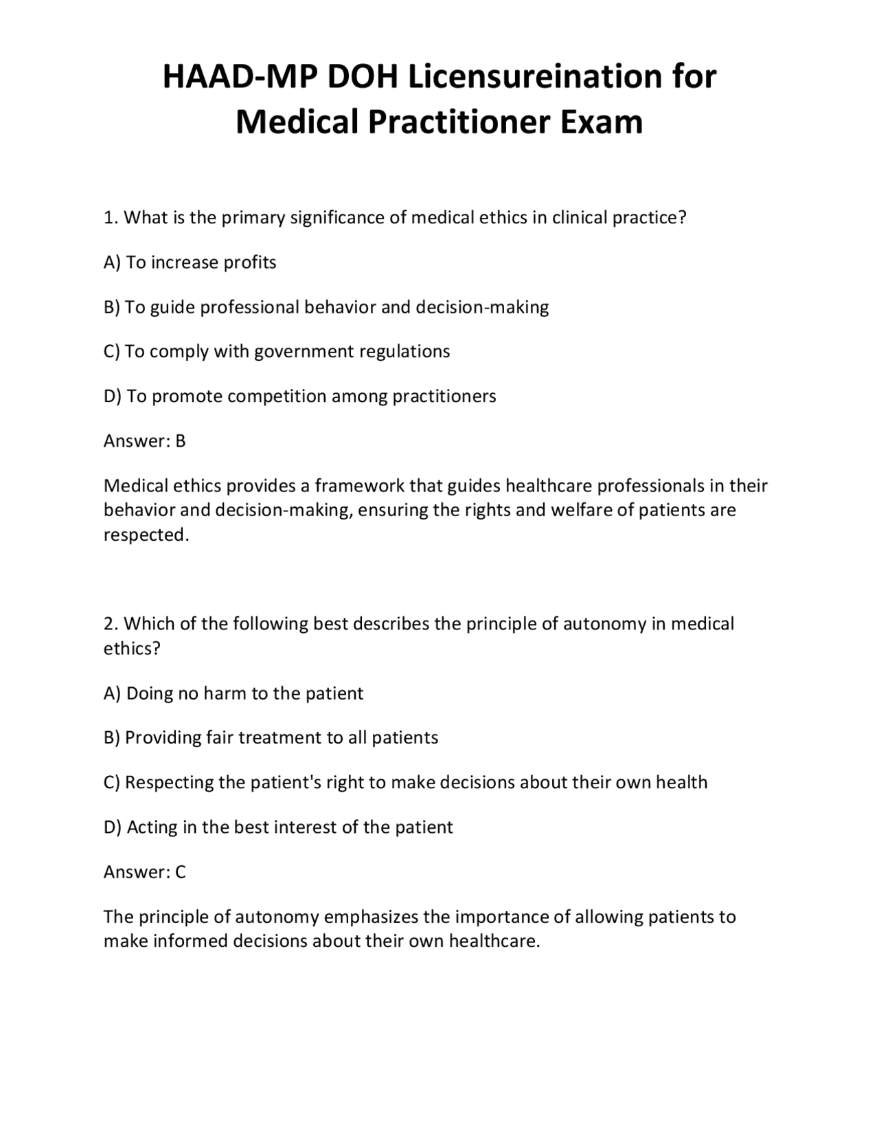 HAAD-MP DOH Licensureination for Medical Practitioner Exam | Exams Technology | Docsity