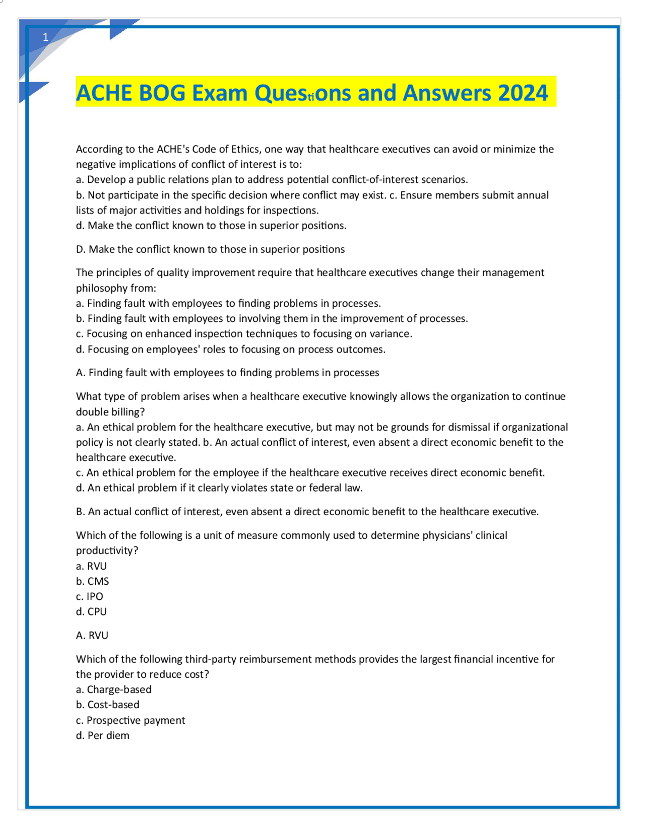 ACHE BOG Exam Questions and Answers 2024 | Exams Nursing | Docsity