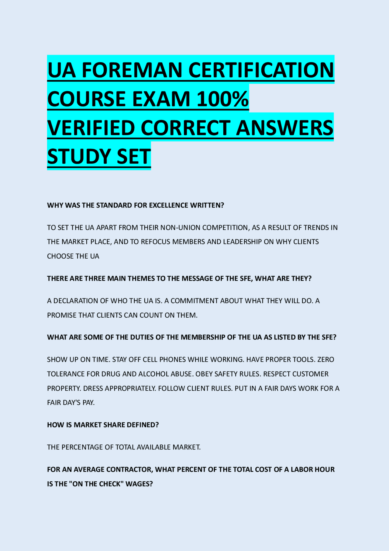 UA FOREMAN CERTIFICATION COURSE EXAM 100% VERIFIED CORRECT ANSWERS ...