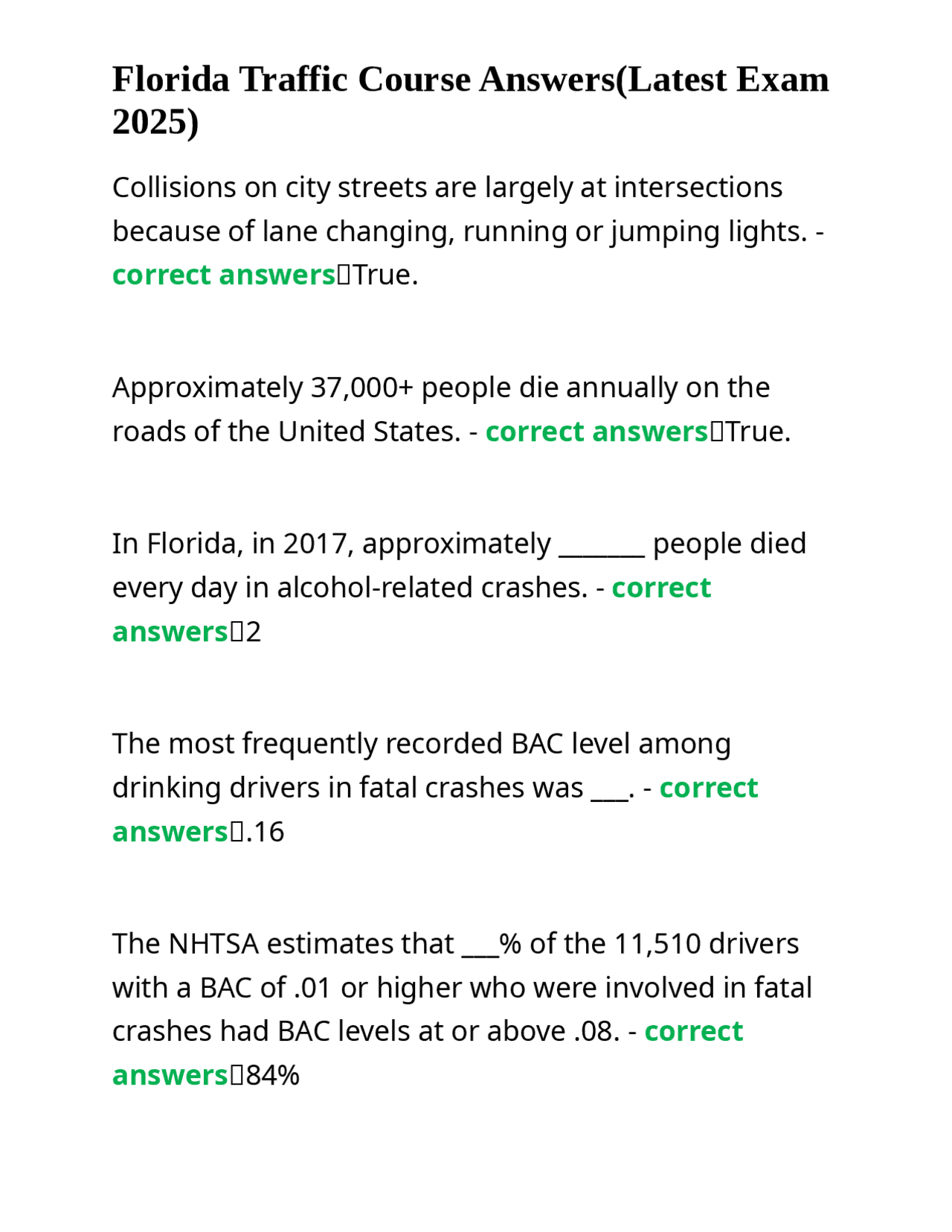 Florida Traffic Course Answers(Latest Exam 2025) | Exams Nursing | Docsity