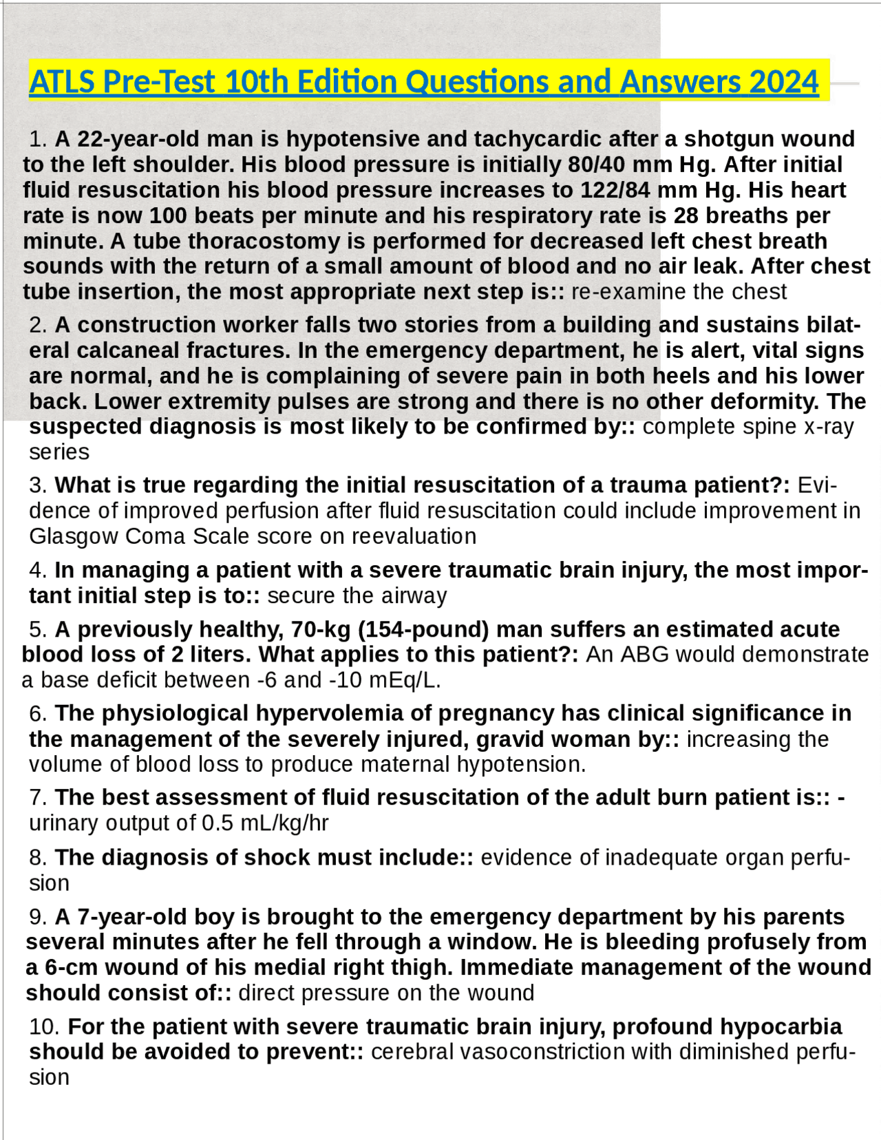 ATLS 10th Edition: Pre-Test Questions and Answers 2024 | Exams Nursing ...