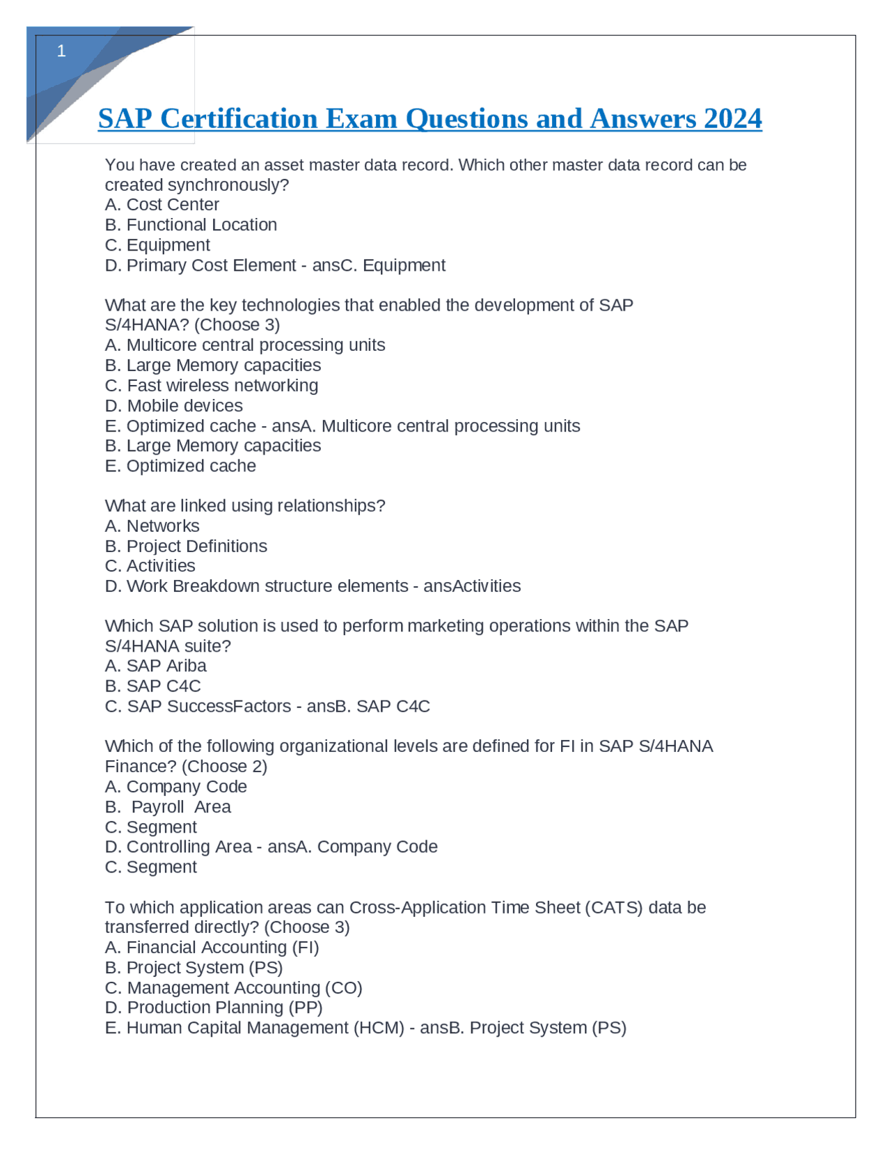 SAP Certification Exam Questions and Answers 2024 | Exams Nursing | Docsity