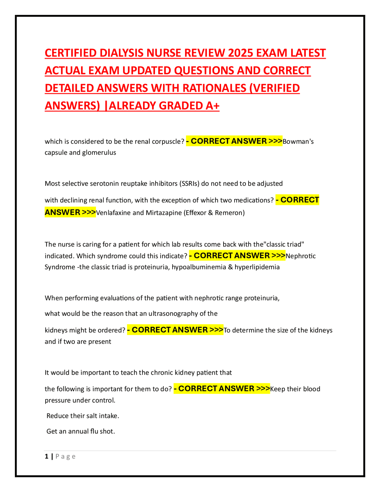 CERTIFIED DIALYSIS NURSE REVIEW 2025 EXAM LATEST ACTUAL EXAM UPDATED ...