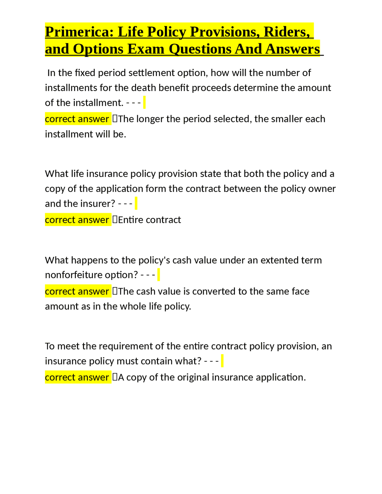 Primerica: Life Policy Provisions, Riders, and Options Exam Questions ...
