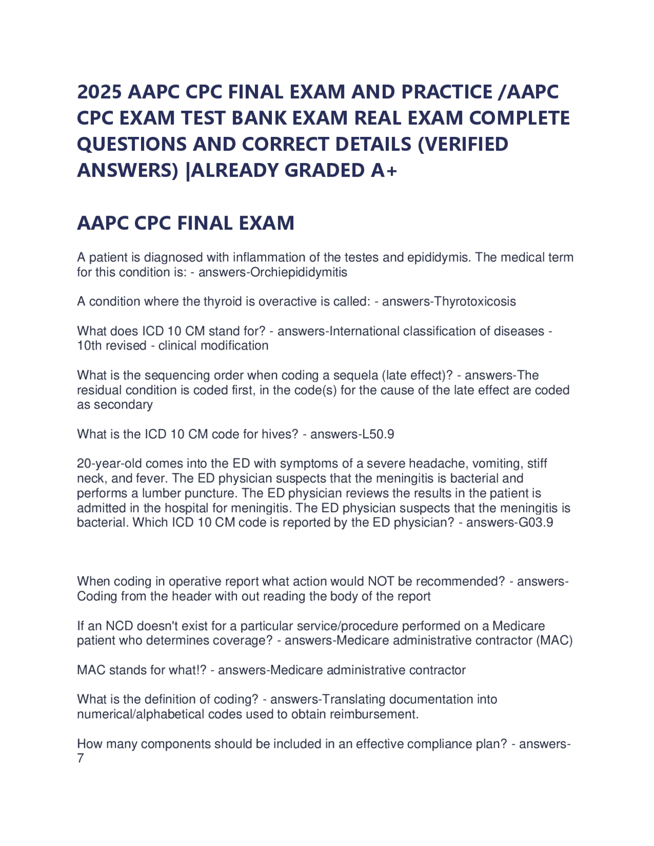 2025 AAPC CPC FINAL EXAM AND PRACTICE /AAPC CPC EXAM TEST BANK EXAM ...