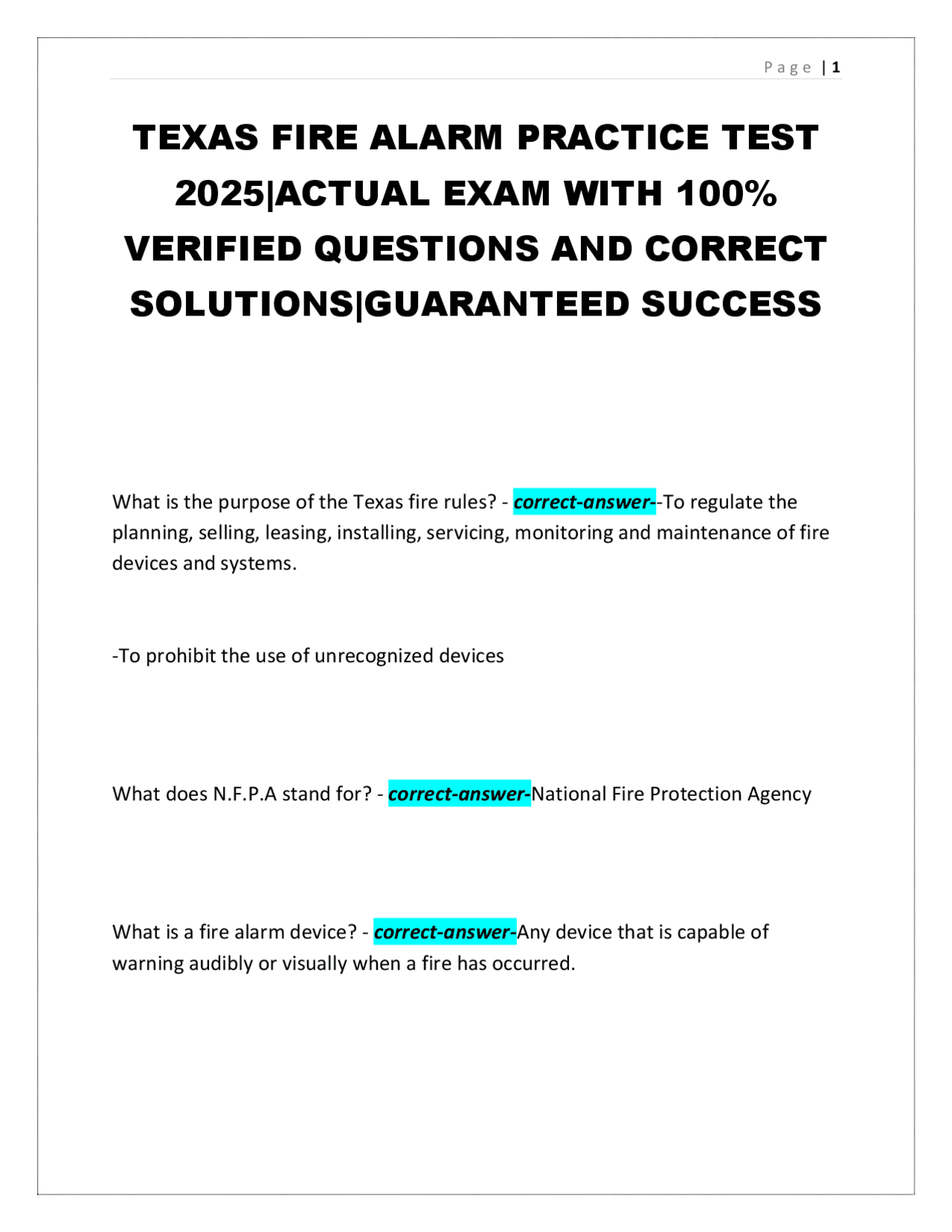 TEXAS FIRE ALARM PRACTICE TEST 2025|ACTUAL EXAM WITH 100% VERIFIED ...