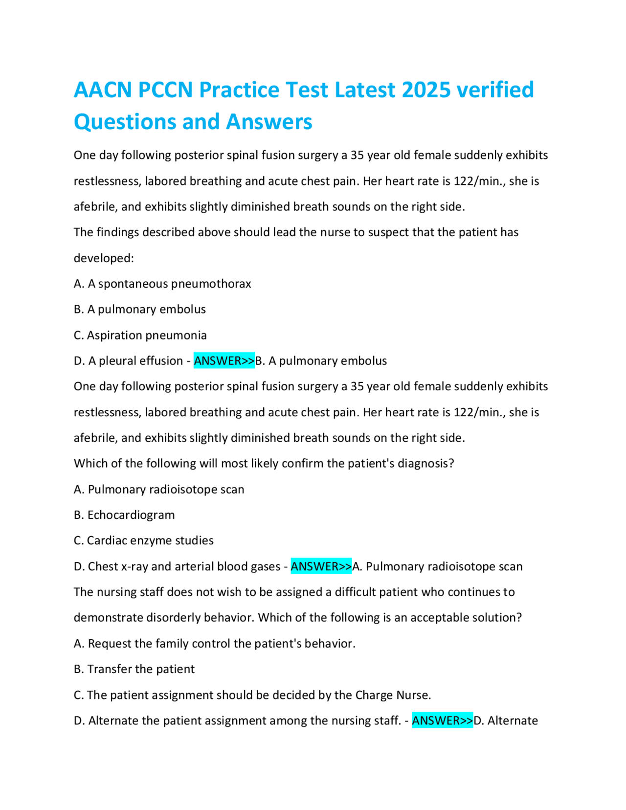 AACN PCCN Practice Test Latest 2025 verified Questions and Answers ...