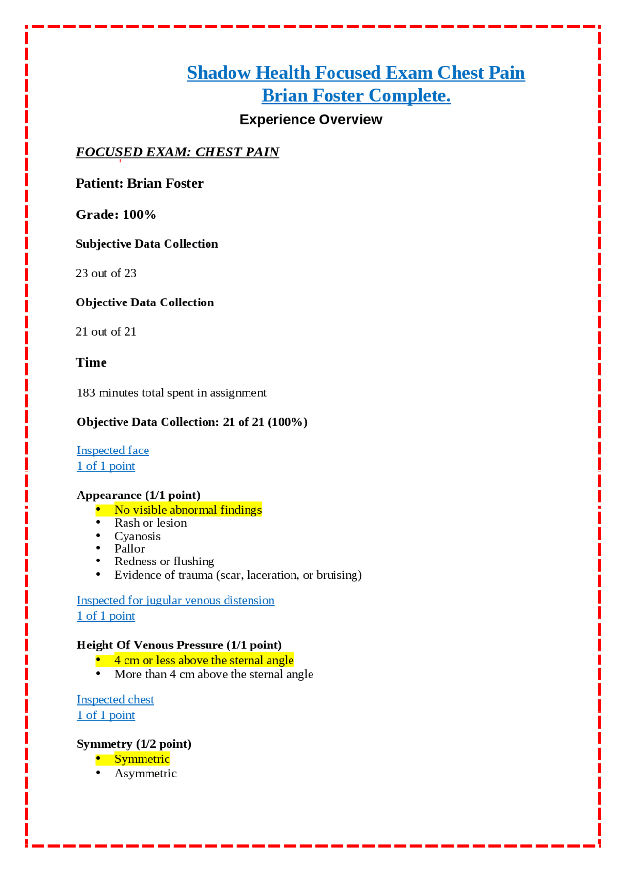 Shadow Health Focused Exam Chest Pain Brian Foster Complete | Exams ...
